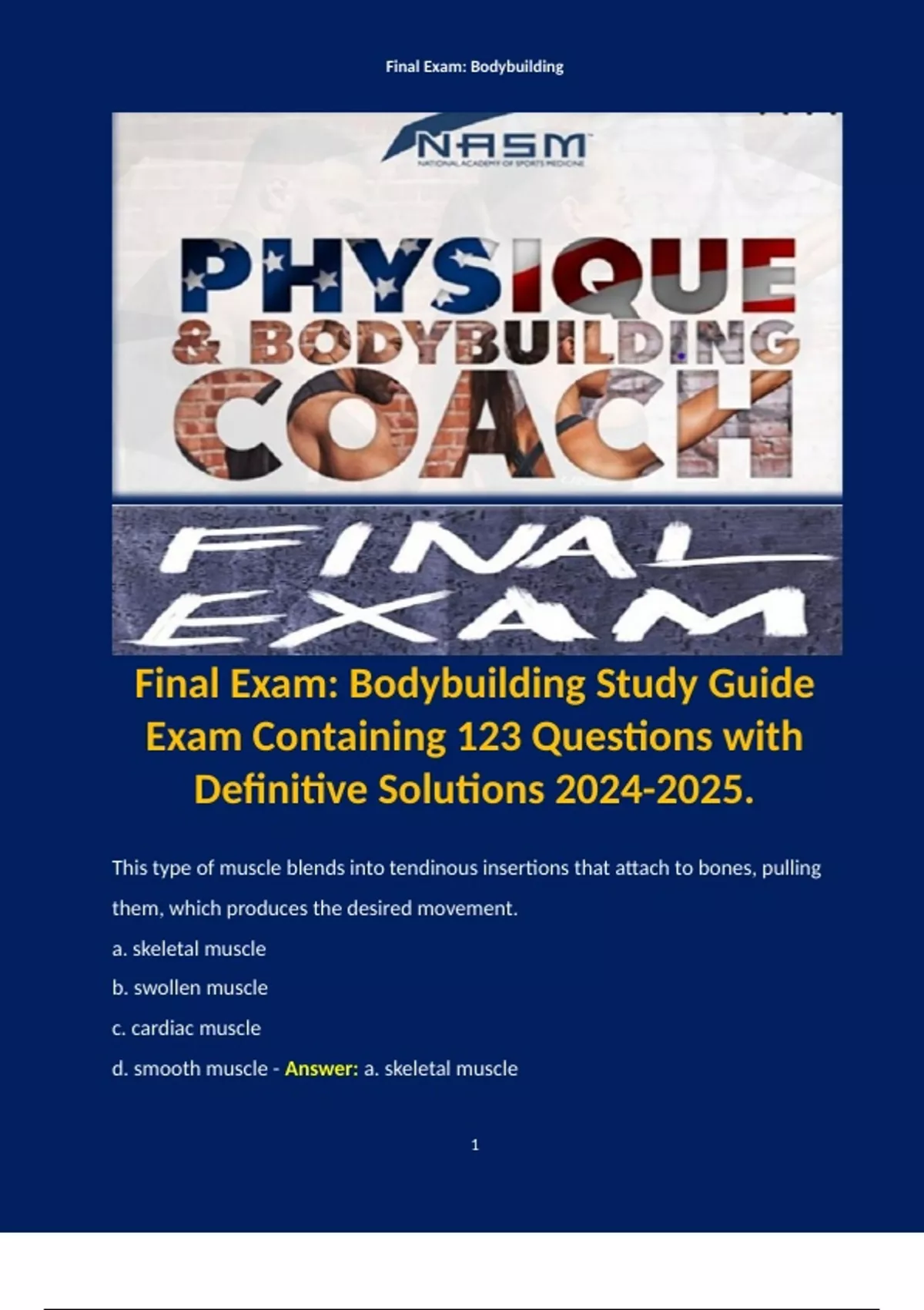 Final Exam: Bodybuilding Study Guide Containing 123 Questions with ...