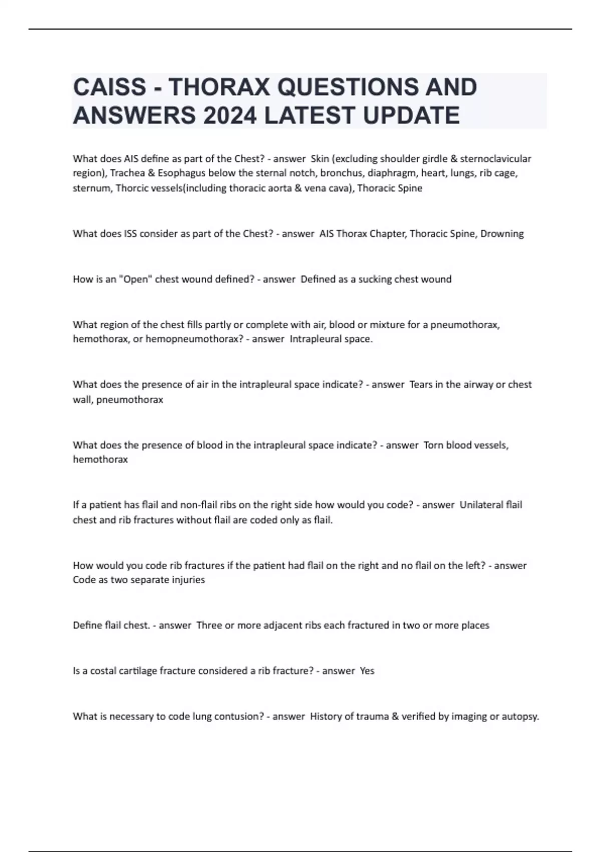 CAISS - THORAX QUESTIONS AND ANSWERS 2024 LATEST UPDATE - CAISS - Stuvia US