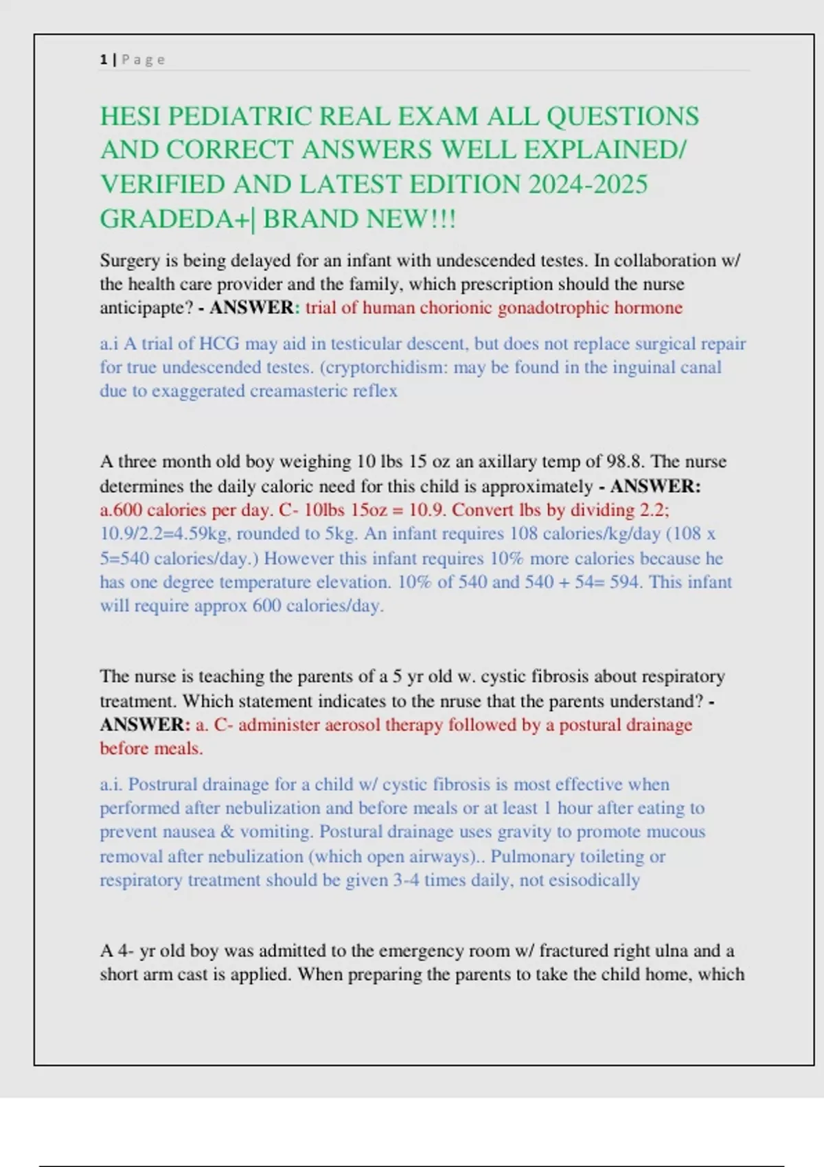 HESI PEDIATRICS REAL EXAM LATEST AND COMPLETE UPDATE/ ALL 400 QUESTIONS ...