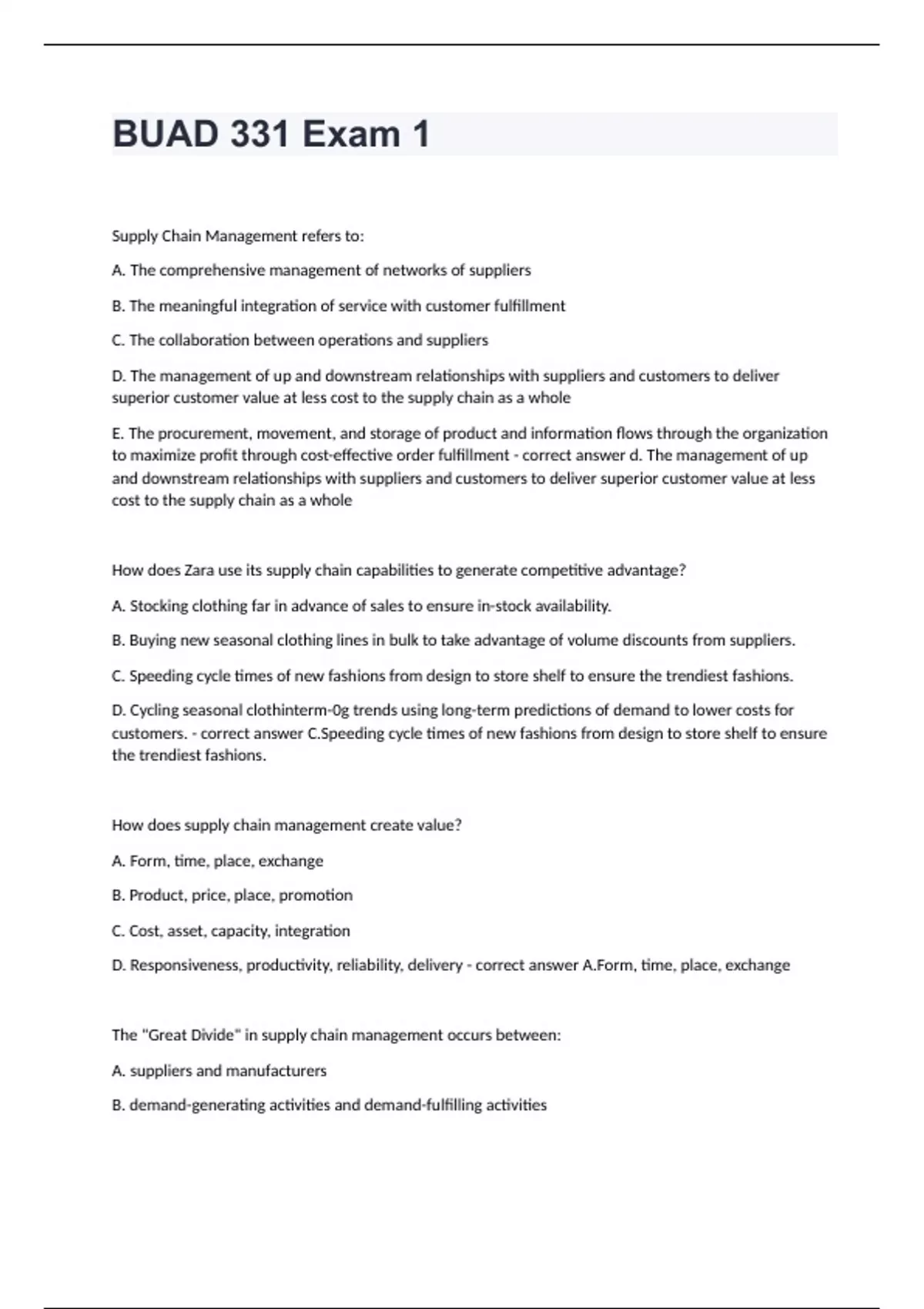 BUAD 331 Exam 1 with correctly answered 2024 - BUAD 331 - Stuvia US