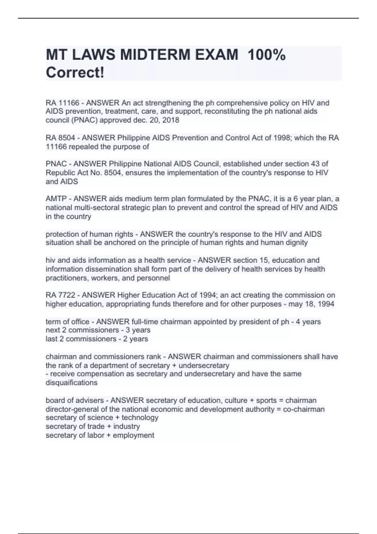 MT LAWS EXAM BUNDLE(COMPLETE PACKAGE)Questions & Answers 100% Correct - Stuvia US