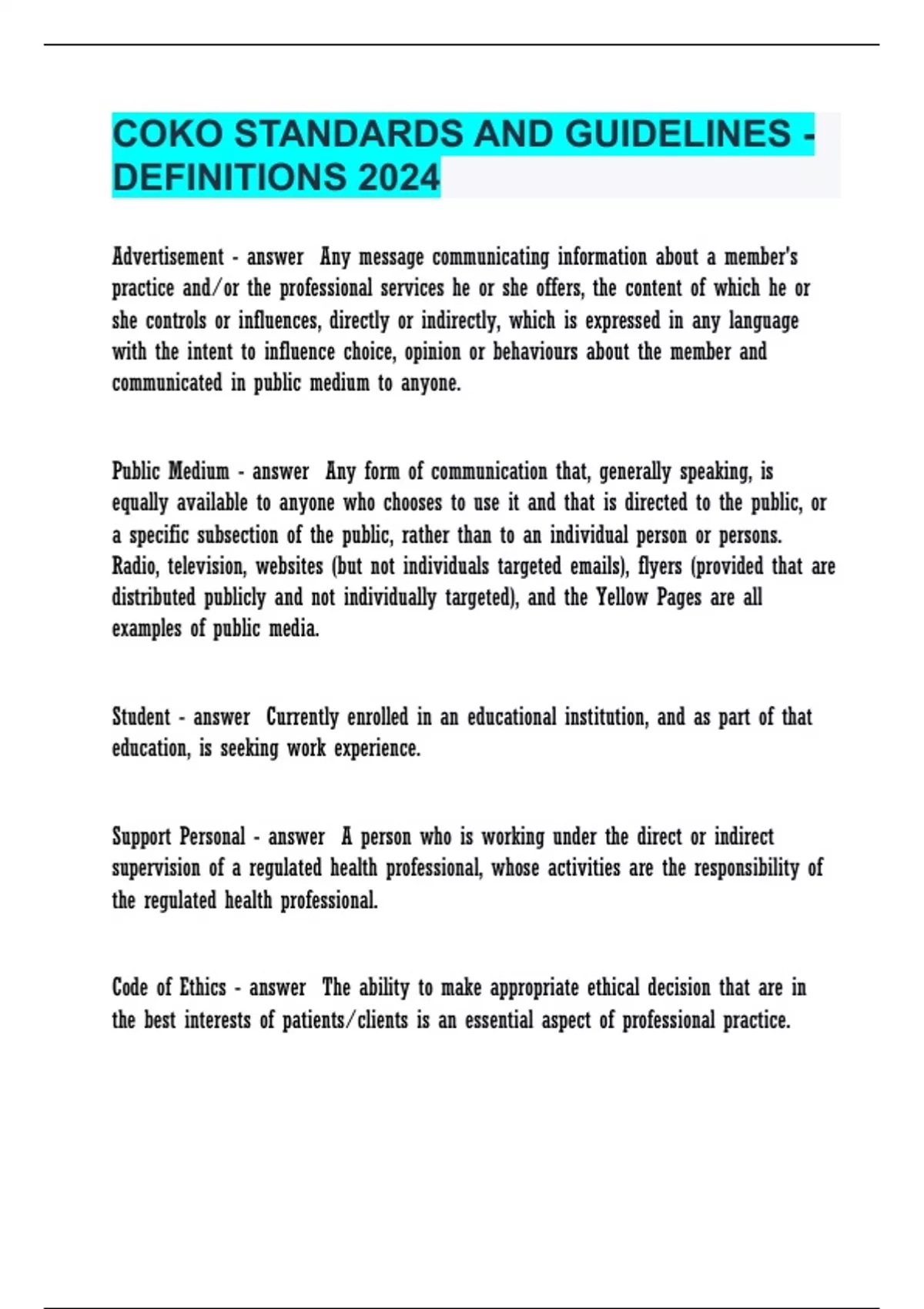 COKO STANDARDS AND GUIDELINES - DEFINITIONS 2024 - COKO - Stuvia US