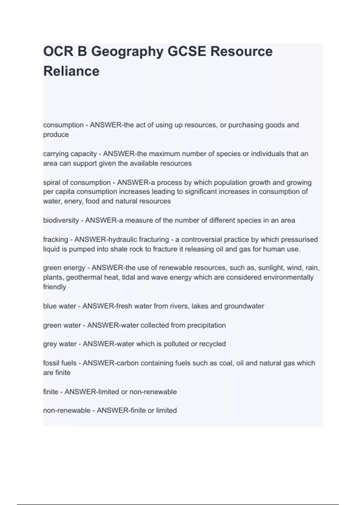 OCR B Geography GCSE Resource Reliance questions and answers latest ...