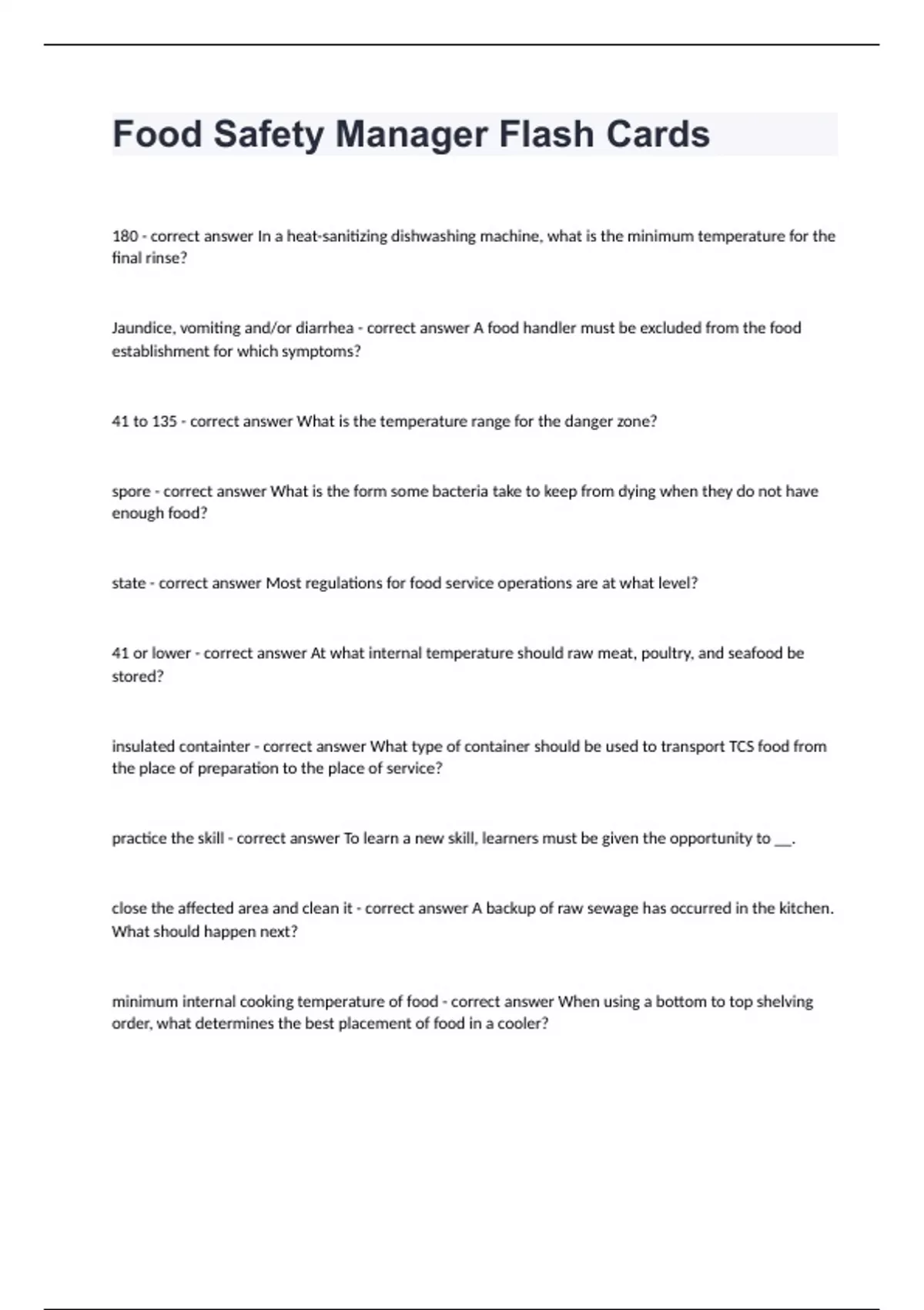 Food Safety Manager Flash Cards Questions with complete solution 2024 ...