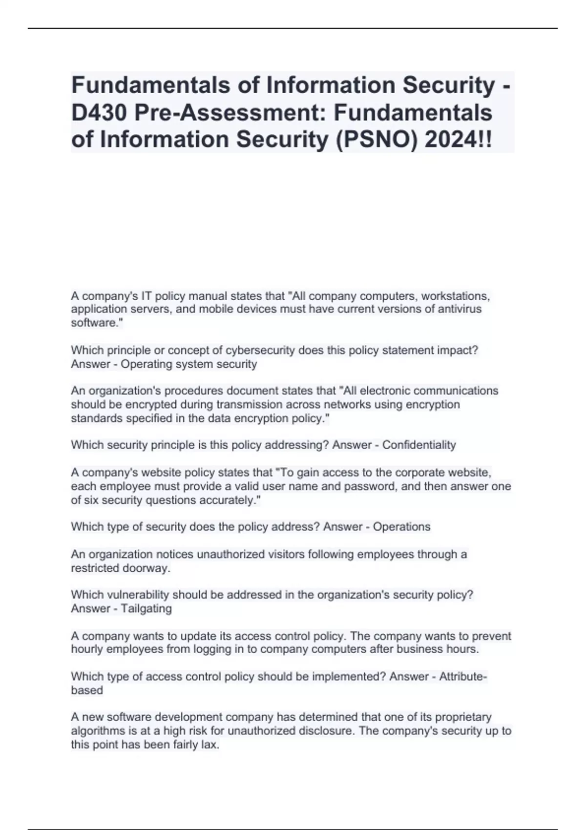 Fundamentals of Information Security - D430 Pre-Assessment ...