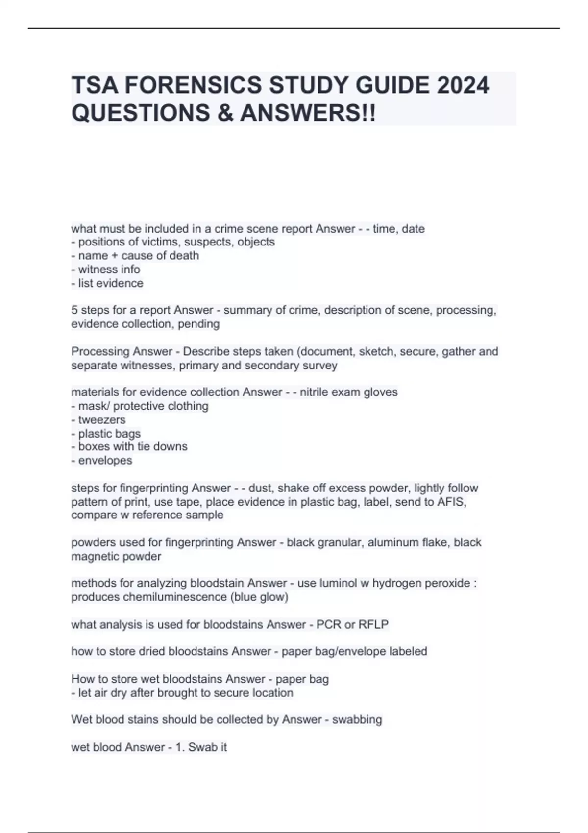 TSA FORENSICS STUDY GUIDE 2024 QUESTIONS & ANSWERS!! - TSA FORENSICS - Stuvia US