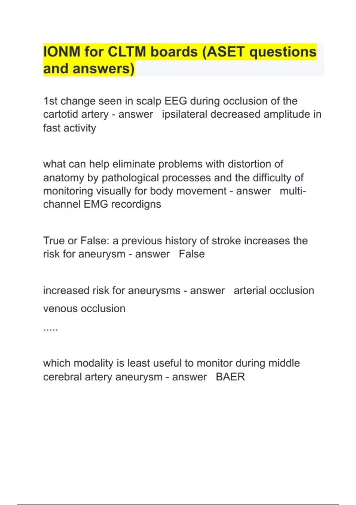 IONM for CLTM boards (ASET questions and answers) - CLTM - Stuvia US