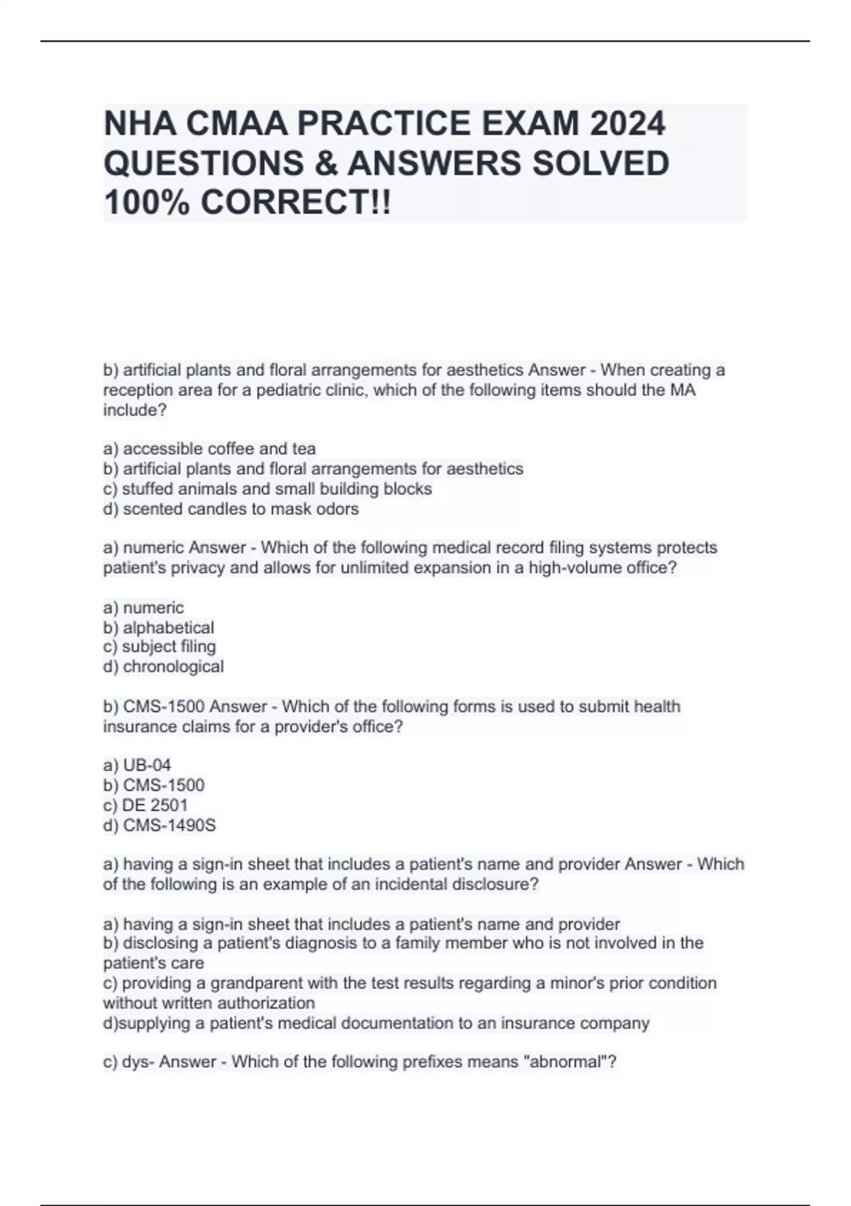 NHA CMAA PRACTICE EXAM 2024 QUESTIONS & ANSWERS SOLVED 100% CORRECT ...