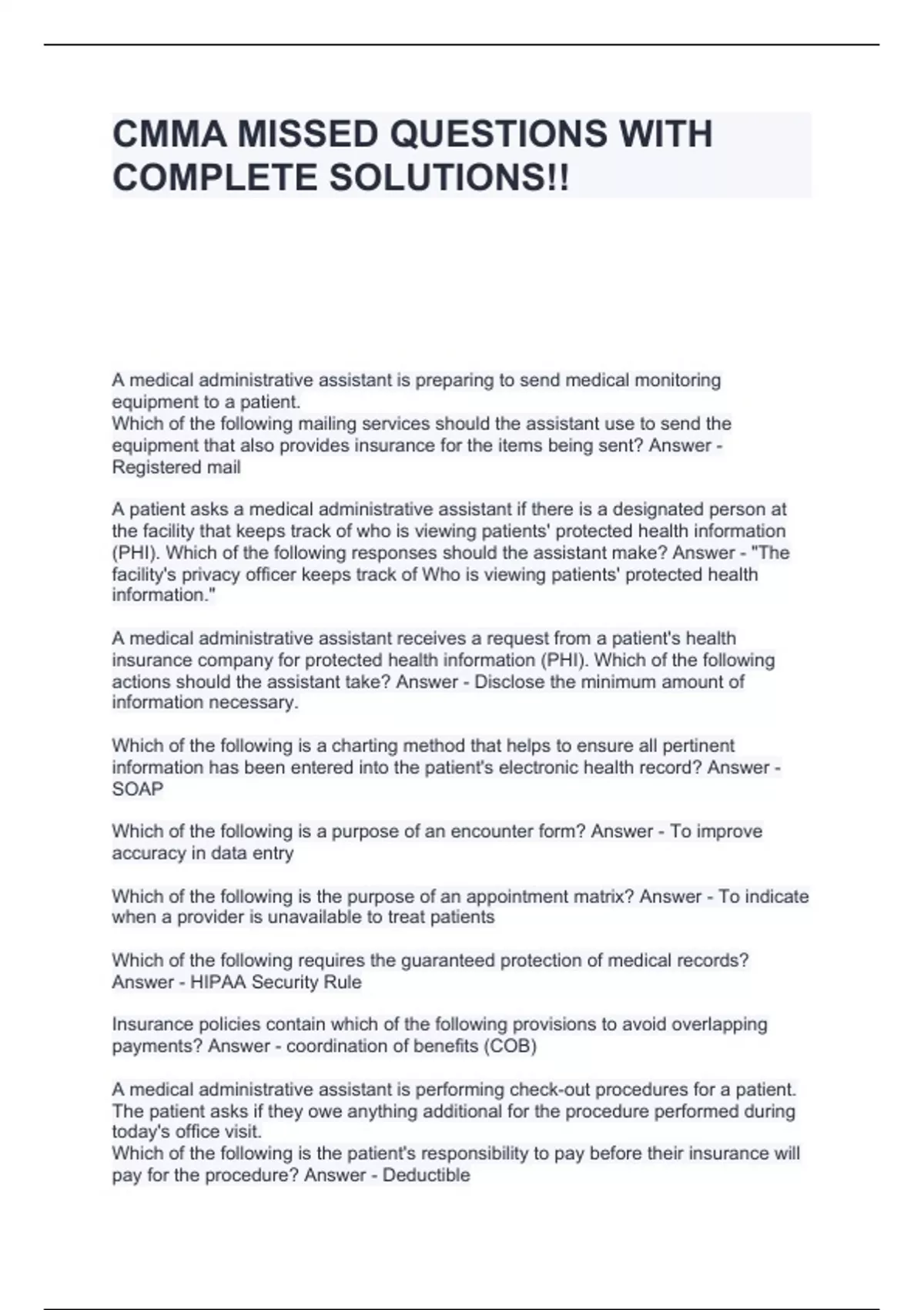 CMMA MISSED QUESTIONS WITH COMPLETE SOLUTIONS!! - CMMA - Stuvia US