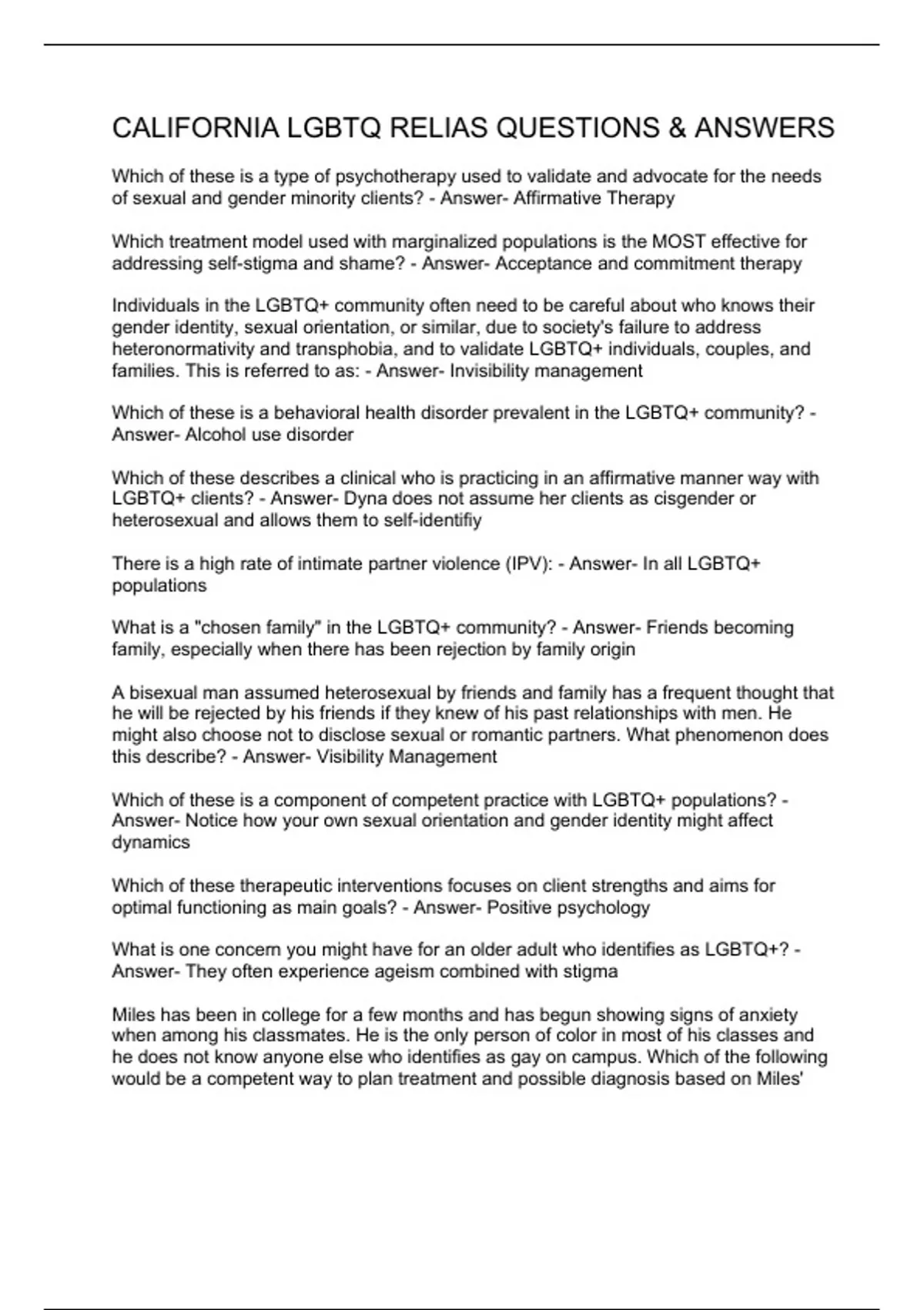 CALIFORNIA LGBTQ RELIAS QUESTIONS & ANSWERS - CALIFORNIA LGBTQ - Stuvia US