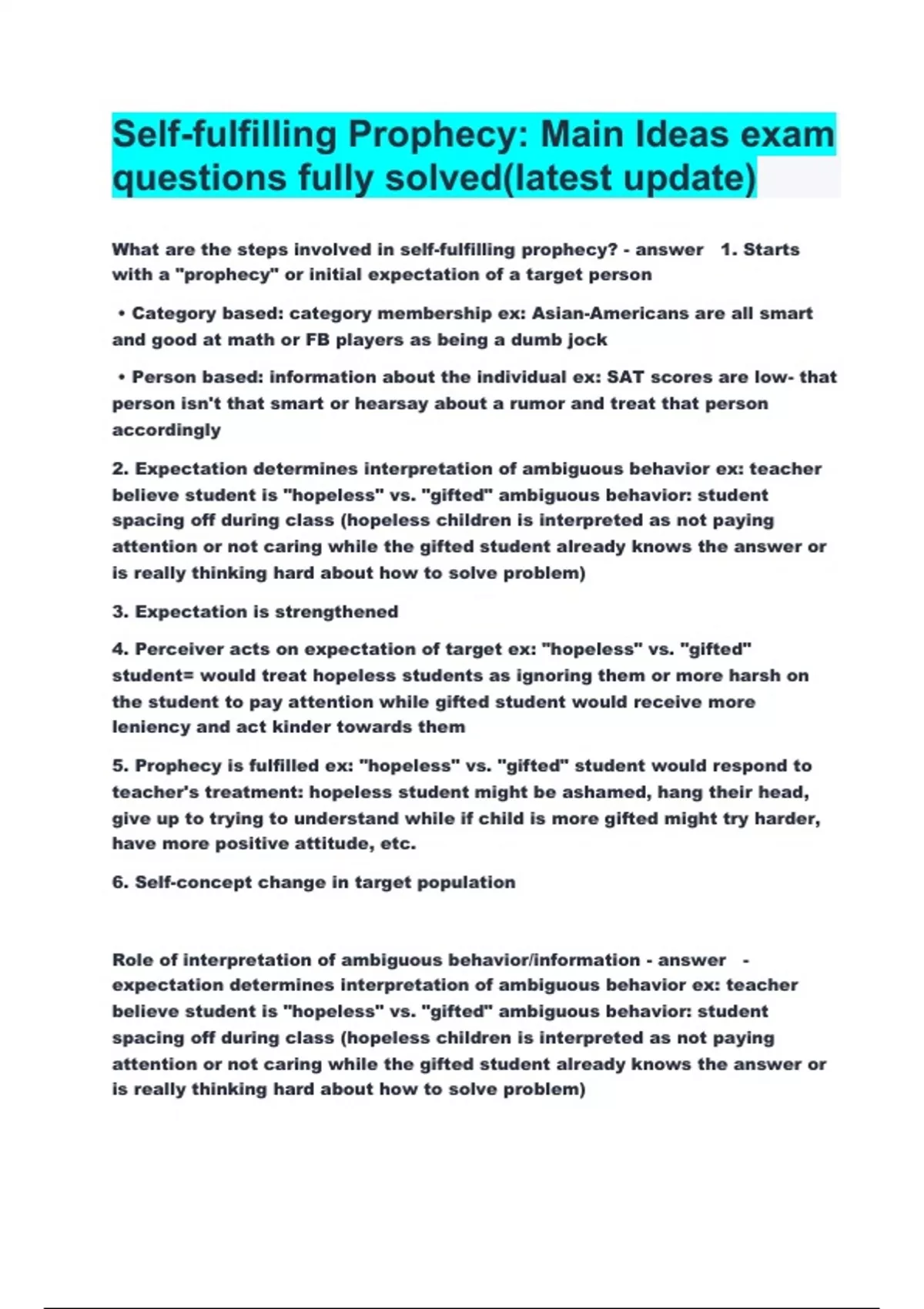 Self-fulfilling Prophecy: Main Ideas exam questions fully solved(latest ...