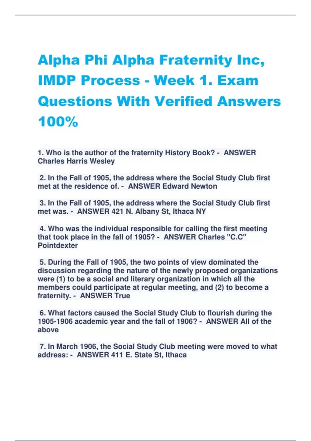 Alpha Phi Alpha Fraternity Inc, IMDP Process - Week 1. Exam Questions ...
