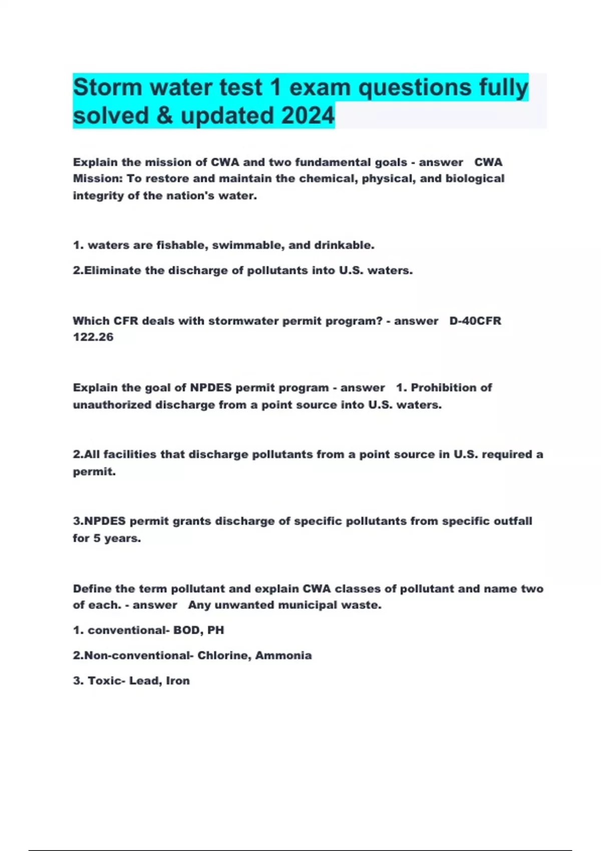 Storm water test 1 exam questions fully solved & updated 2024 ...
