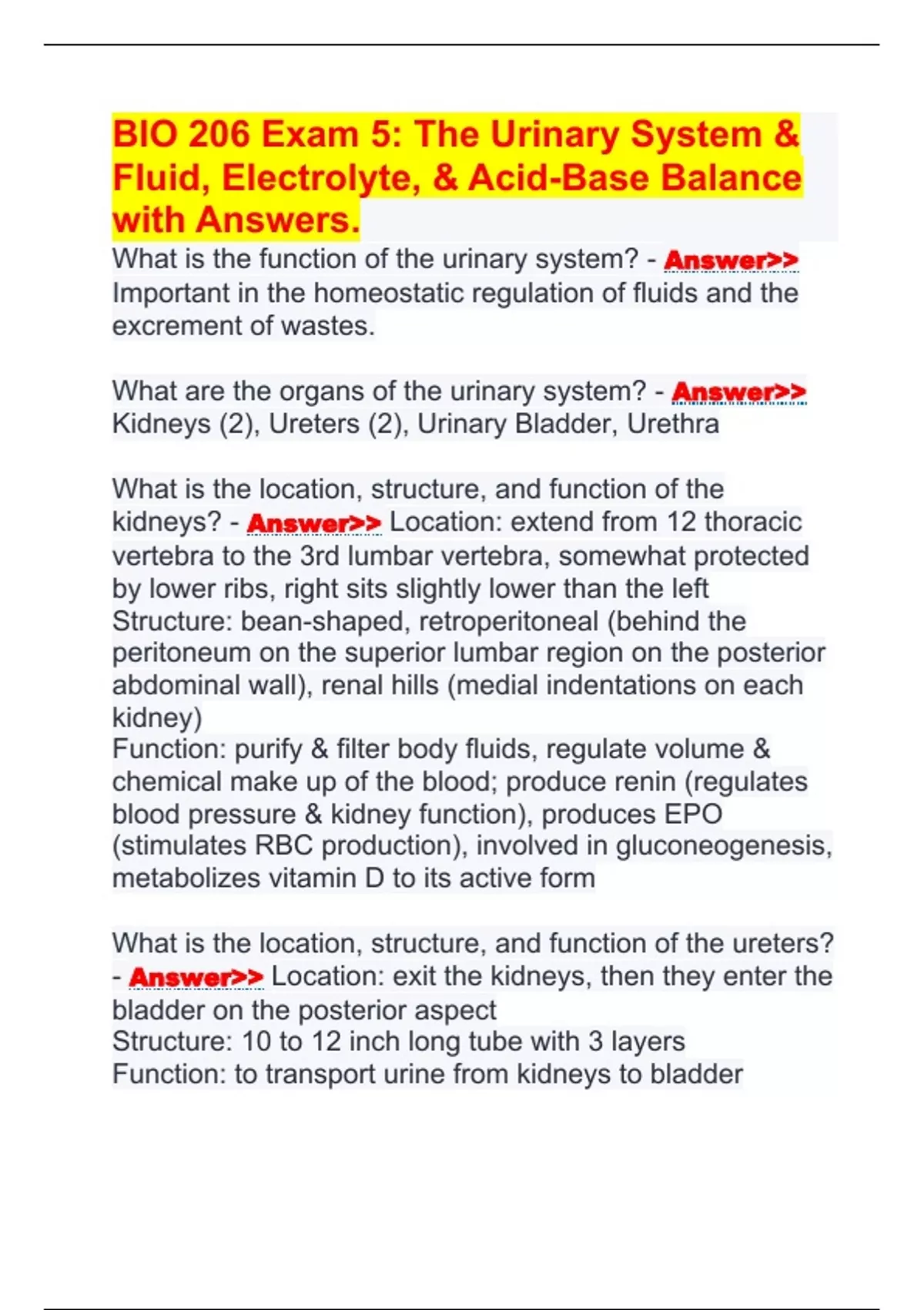 BIO 206 Exam 5: The Urinary System & Fluid, Electrolyte, & Acid-Base ...