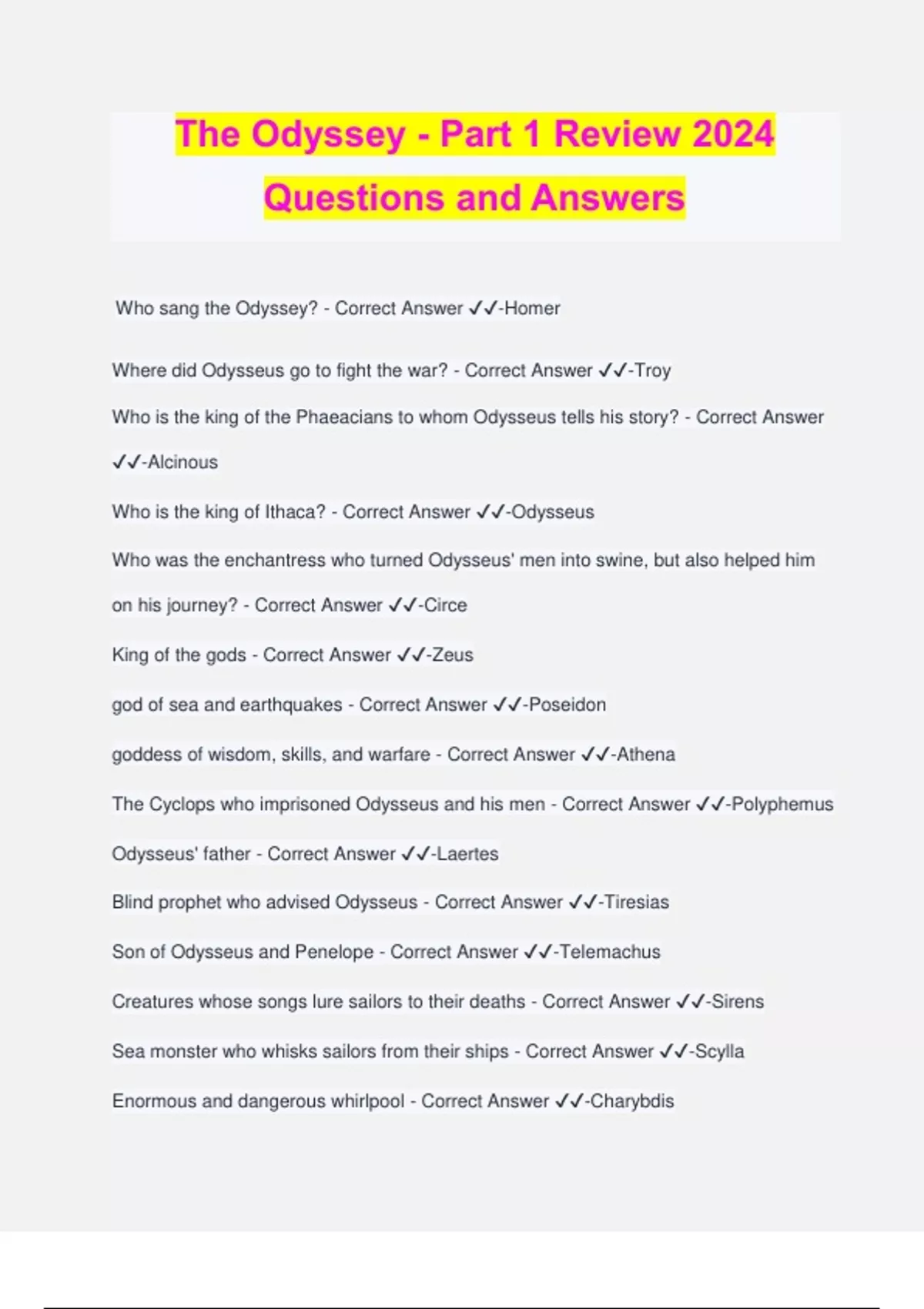 The Odyssey - Part 1 Review 2024 Questions and Answers - Odyssey ...