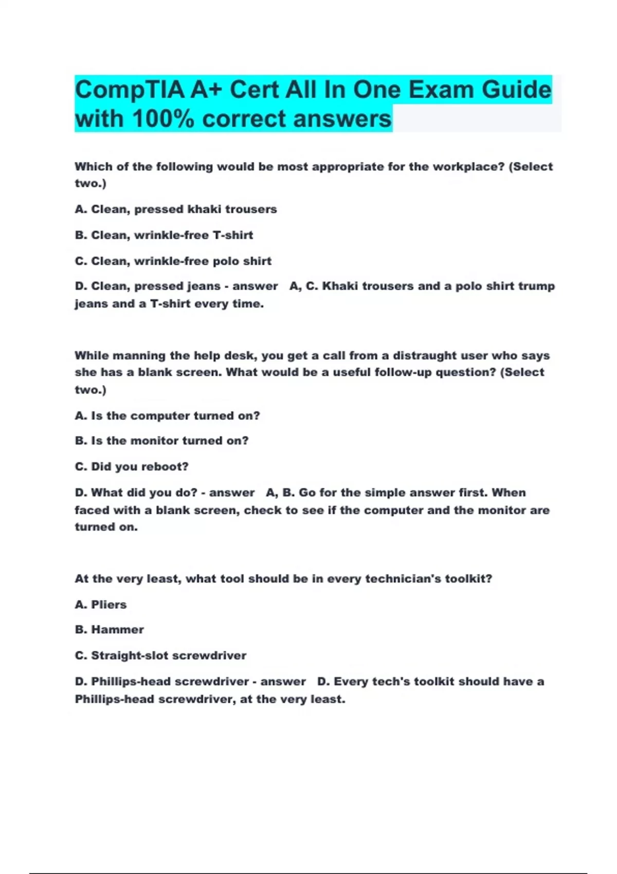 CompTIA A+ Cert All In One Exam Guide with 100% correct answers ...