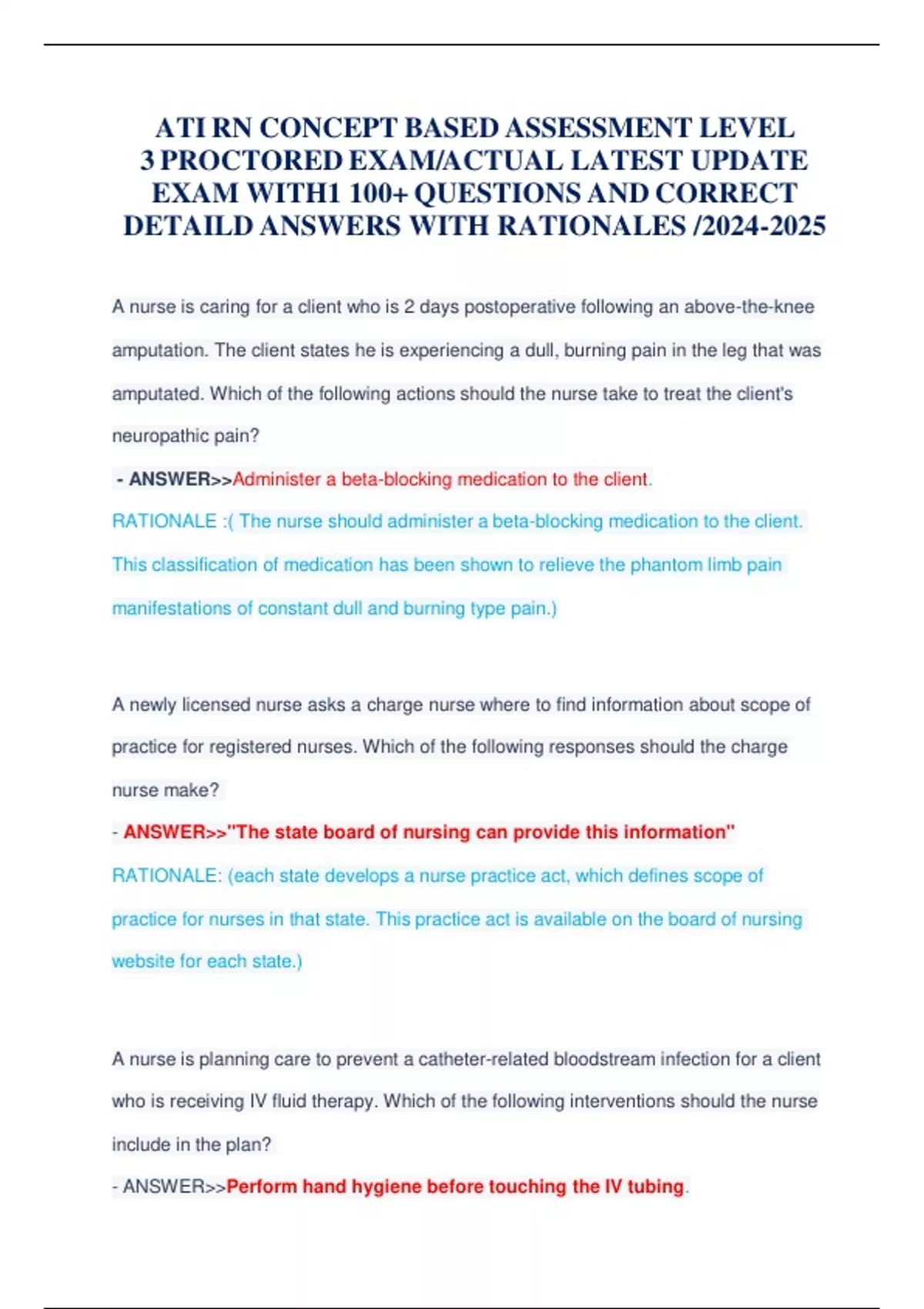 ATI RN CONCEPT BASED ASSESSMENT LEVEL 3 PROCTORED EXAM/ACTUAL LATEST ...