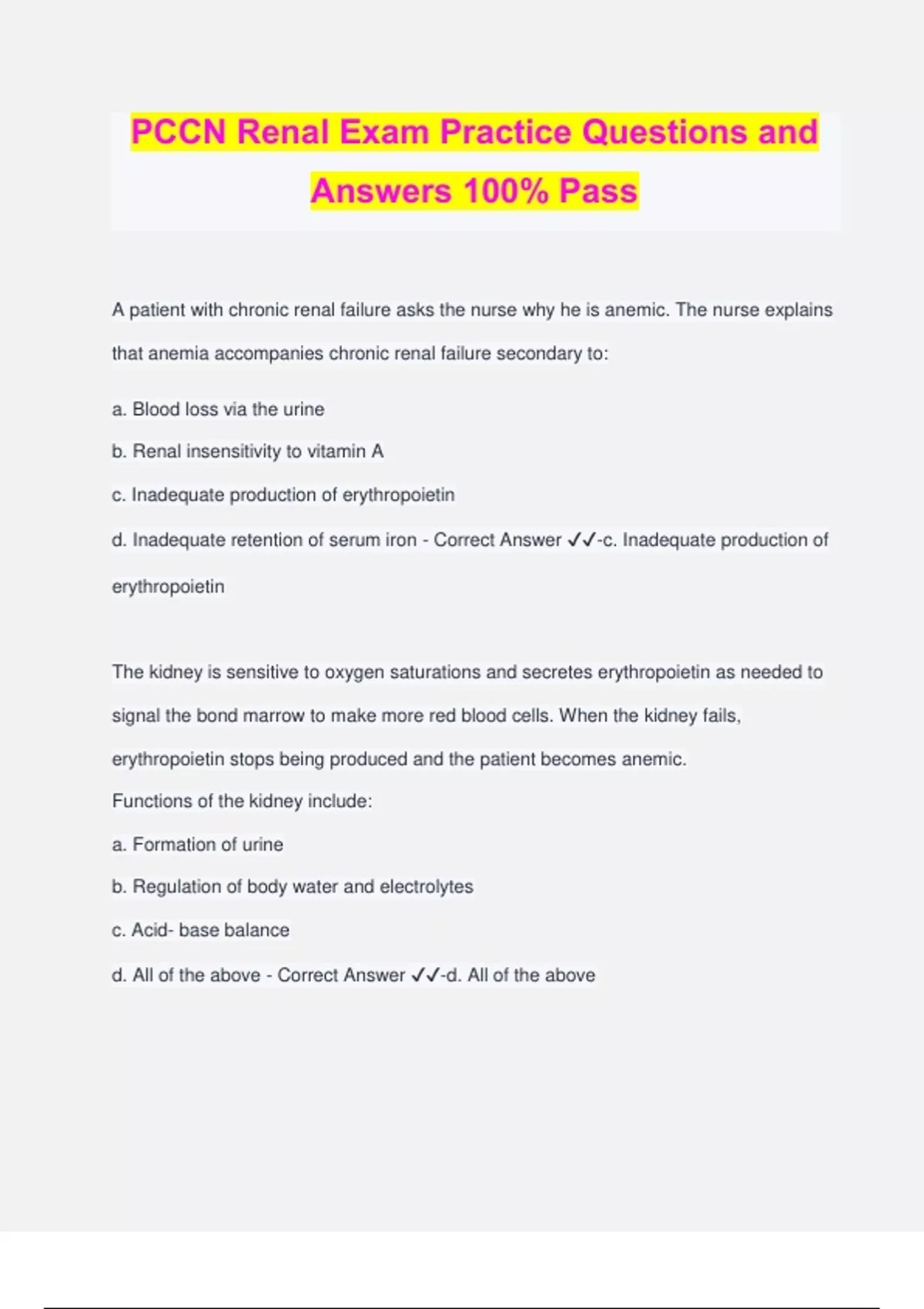 PCCN Renal Exam Practice Questions and Answers 100% Pass - PCCN - Stuvia US