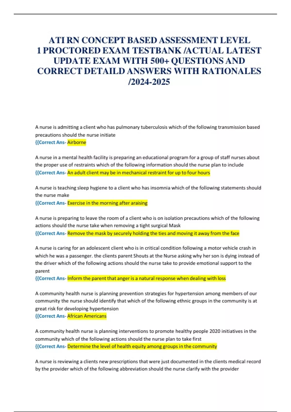 ATI RN CONCEPT BASED ASSESSMENT LEVEL 1 PROCTORED EXAM TESTBANK /ACTUAL ...