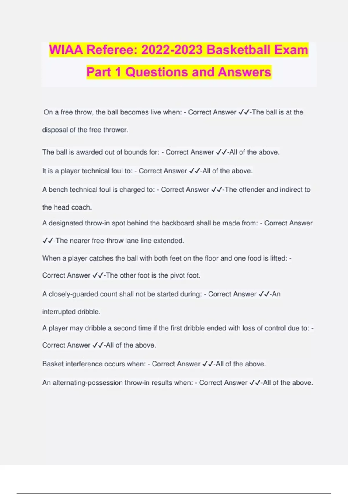 WIAA Referee: Basketball Exam Part 1 Questions and Answers - Nfhs ...