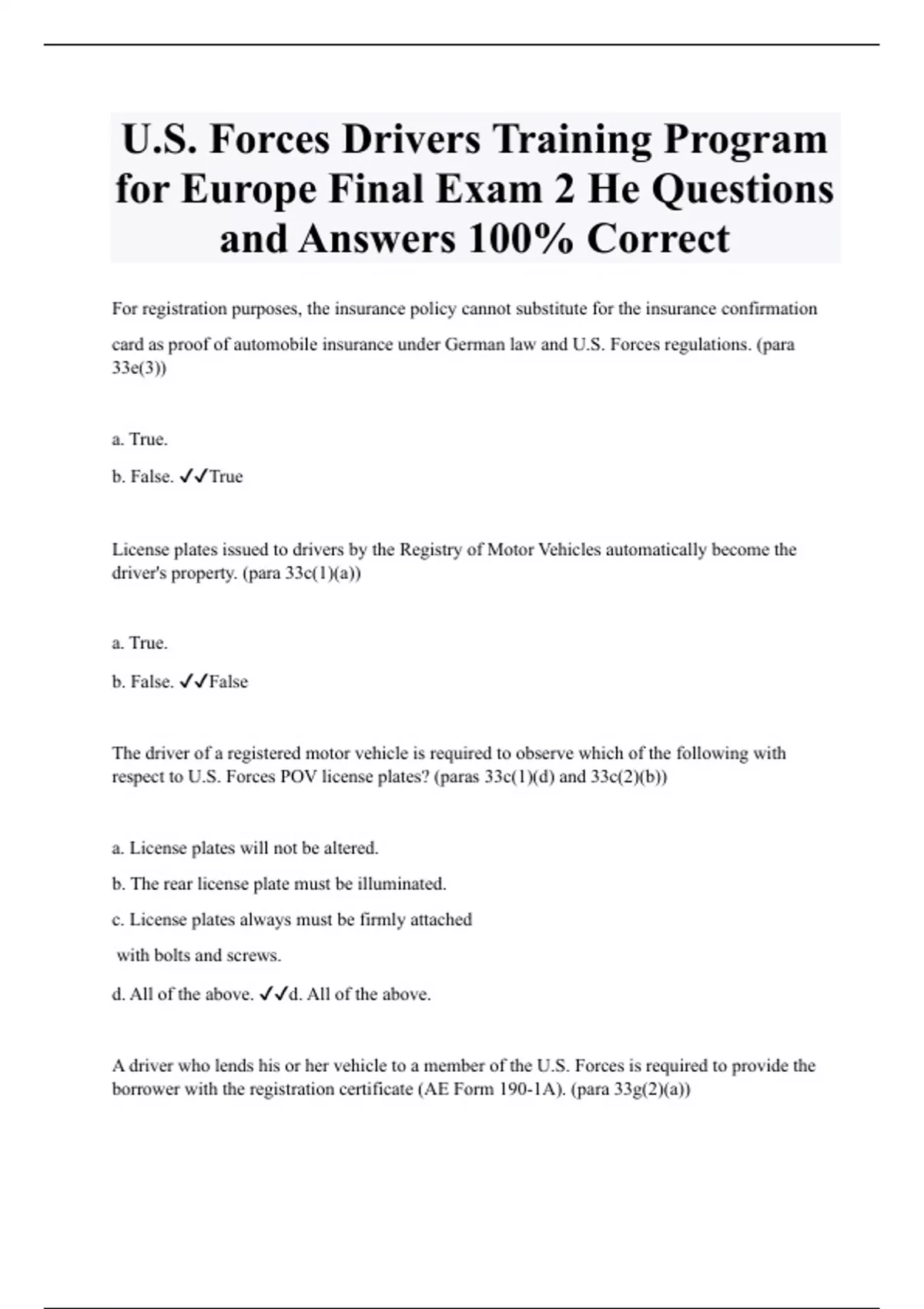 U.S. Forces Drivers Training Program for Europe Final Exam 2 He ...