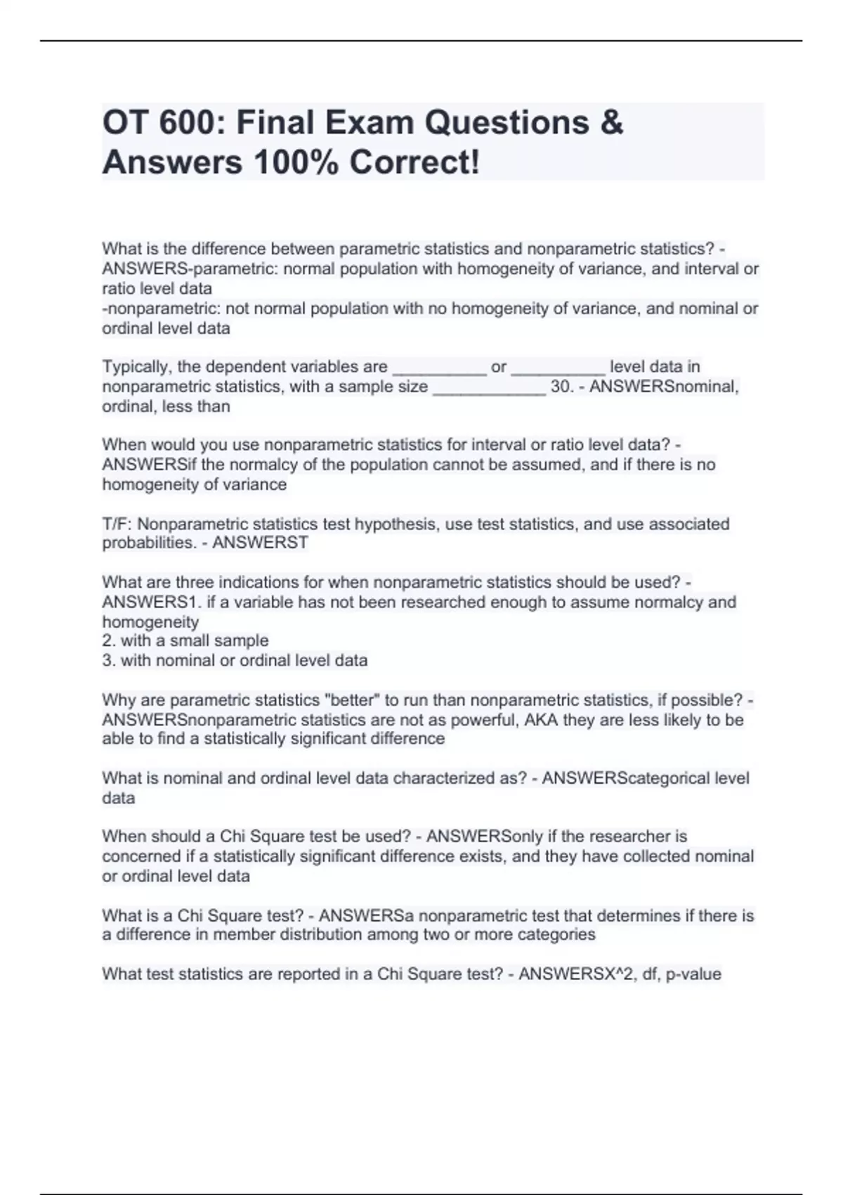OT 600: Final Exam Questions & Answers 100% Correct! - OT 600: - Stuvia US