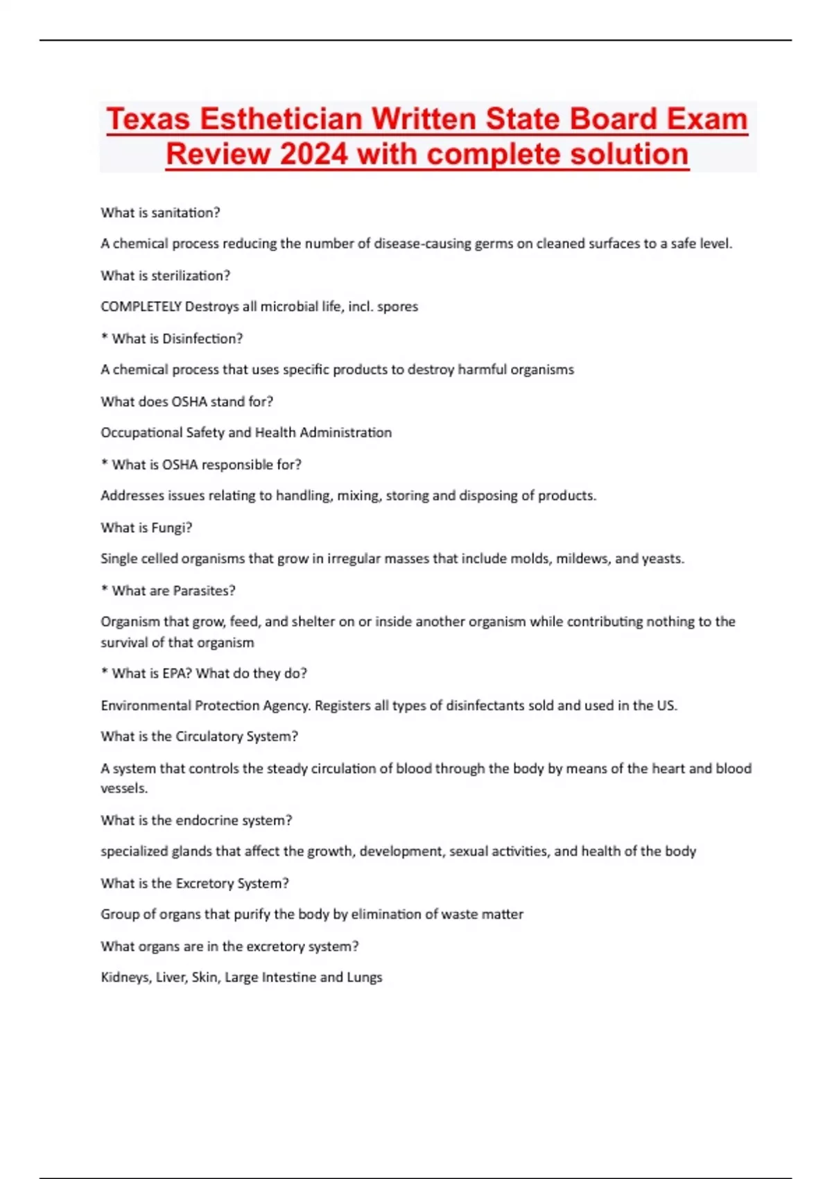 Texas Esthetician Written State Board Exam Review 2024 with complete ...