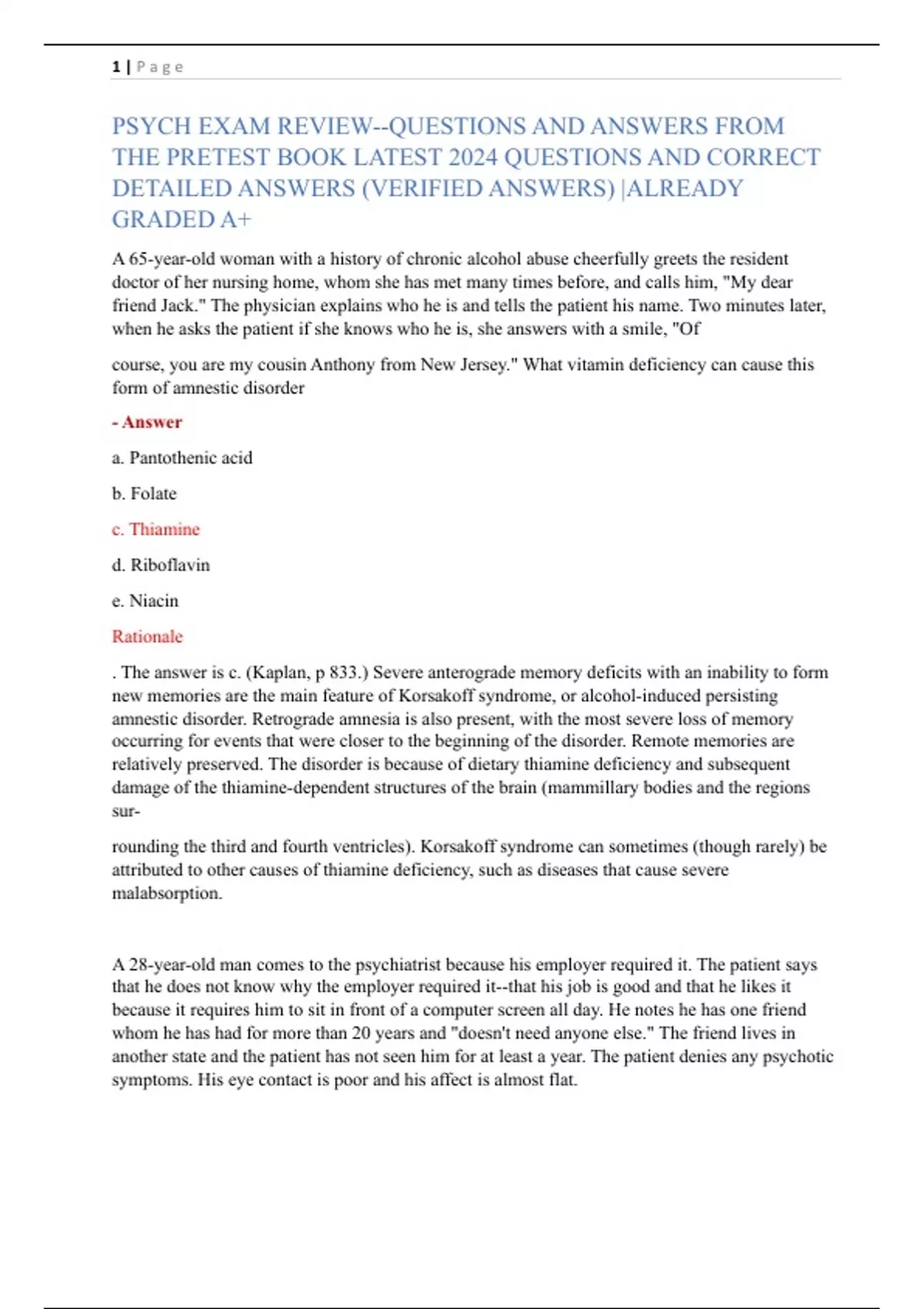 PSYCH EXAM REVIEW--QUESTIONS AND ANSWERS FROM THE PRETEST BOOK LATEST ...