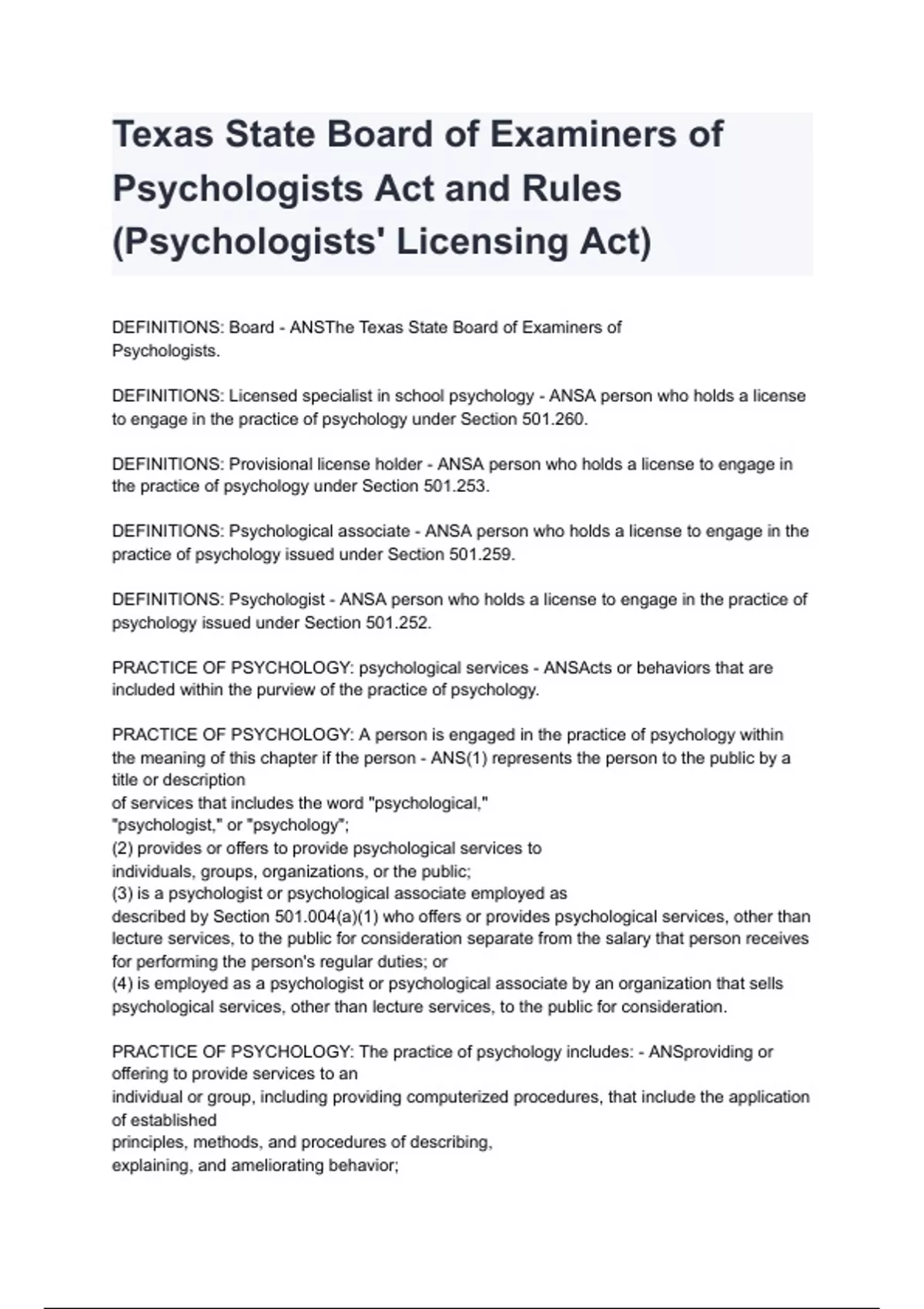 Texas State Board of Examiners of Psychologists Act and Rules ...
