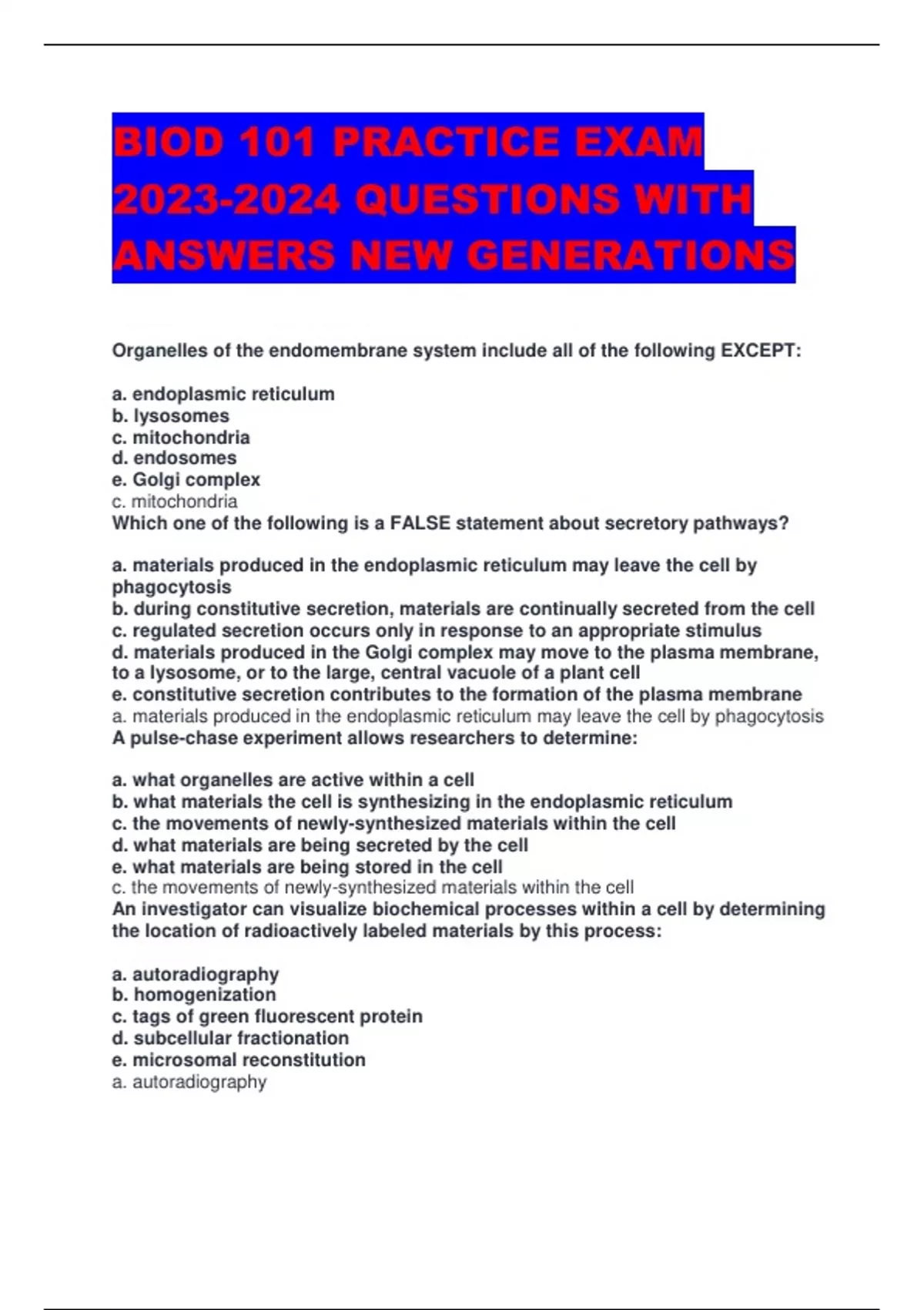 BIOD 101 PRACTICE EXAM QUESTIONS WITH ANSWERS NEW GENERATIONS - BIOD ...