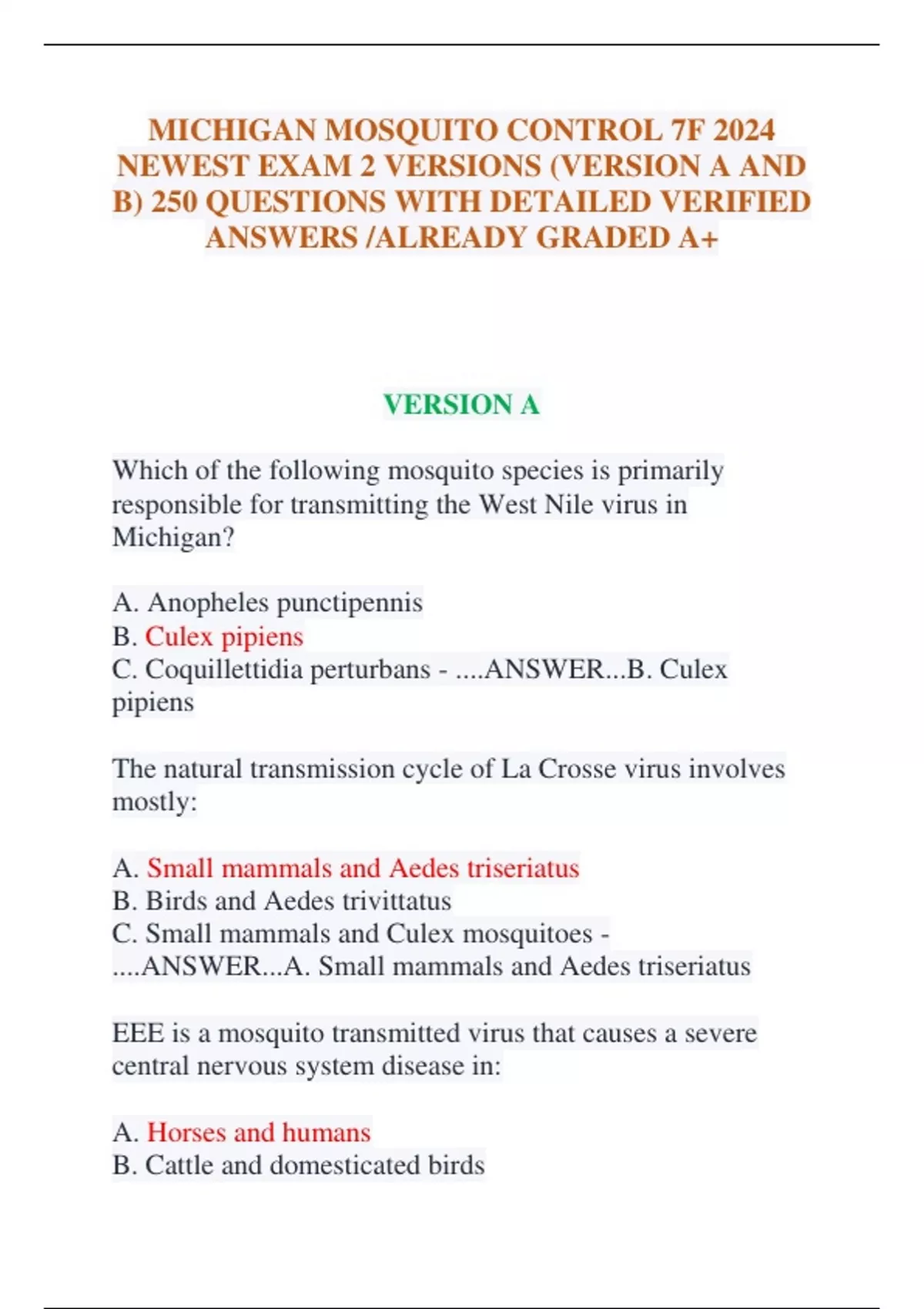 MICHIGAN MOSQUITO CONTROL 7F 2024 NEWEST EXAM 2 VERSIONS (VERSION A AND ...