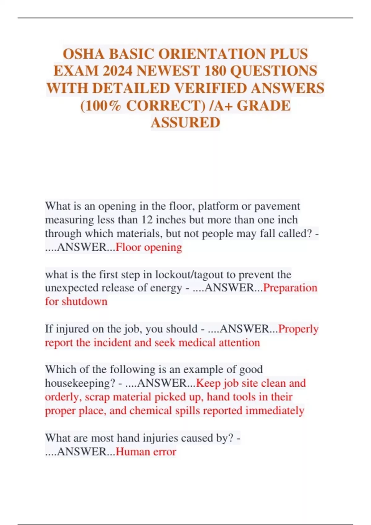 OSHA BASIC ORIENTATION PLUS EXAM 2024 NEWEST 180 QUESTIONS WITH ...