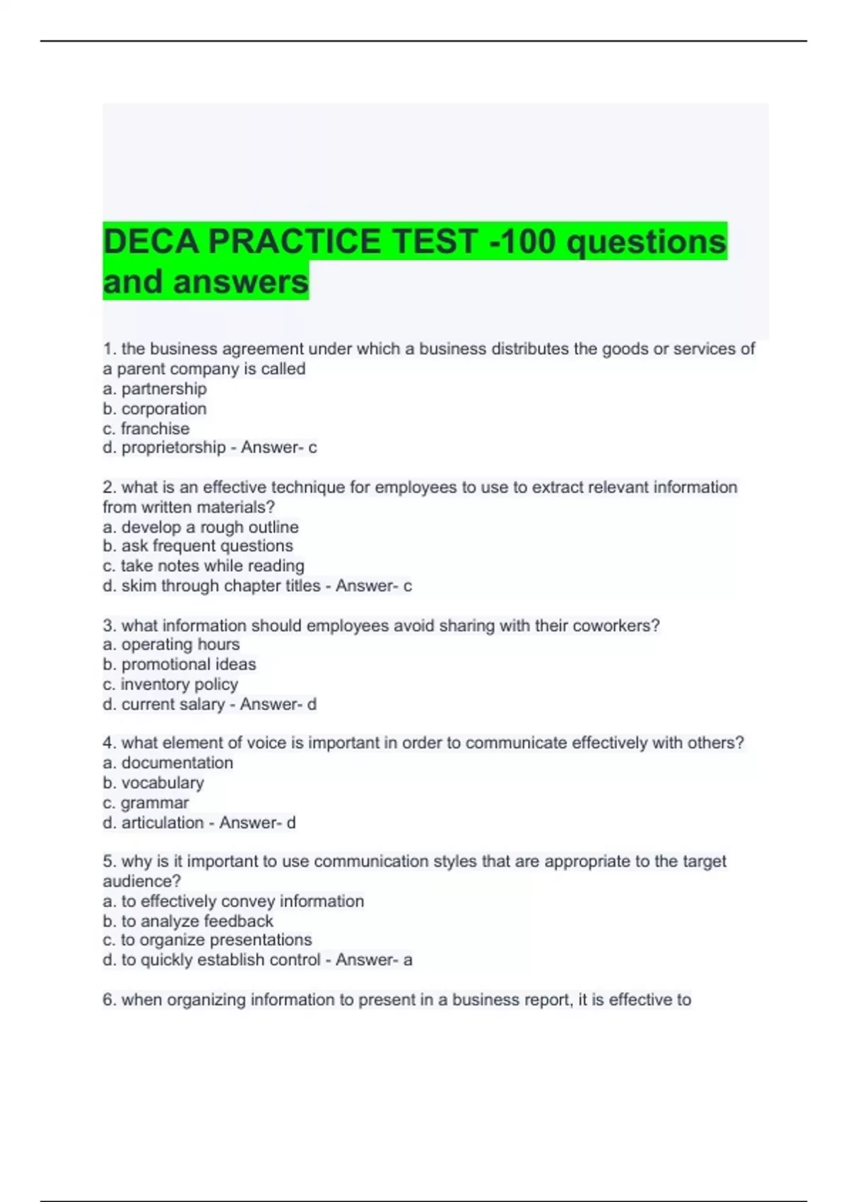 DECA PRACTICE TEST -100 questions and answers - DECA Business ...