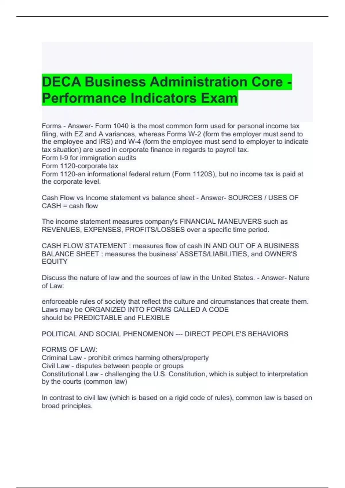 DECA Business Administration Core - Performance Indicators Exam 2024 ...