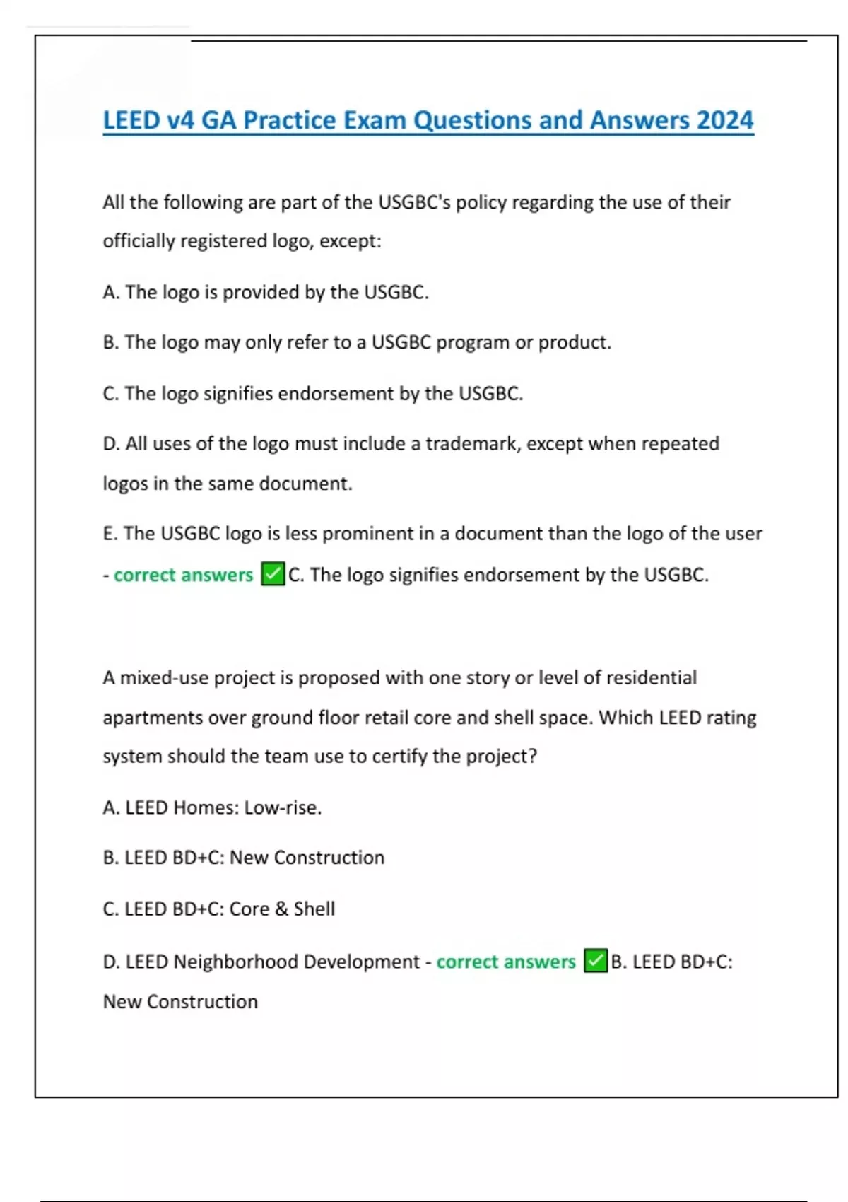 LEED v4 GA Practice Exam Questions and Answers 2024 - LEED v4 GA ...