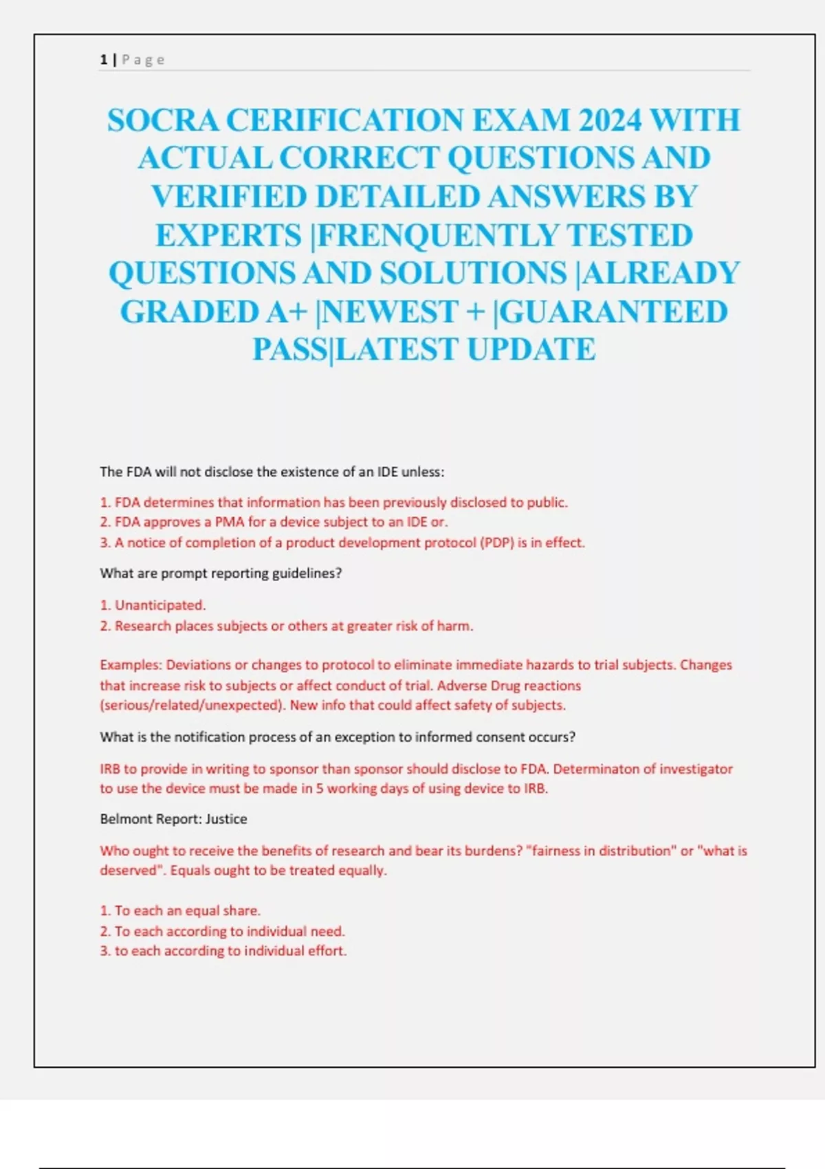 SOCRA CERIFICATION EXAM 2024 WITH ACTUAL CORRECT QUESTIONS AND VERIFIED ...