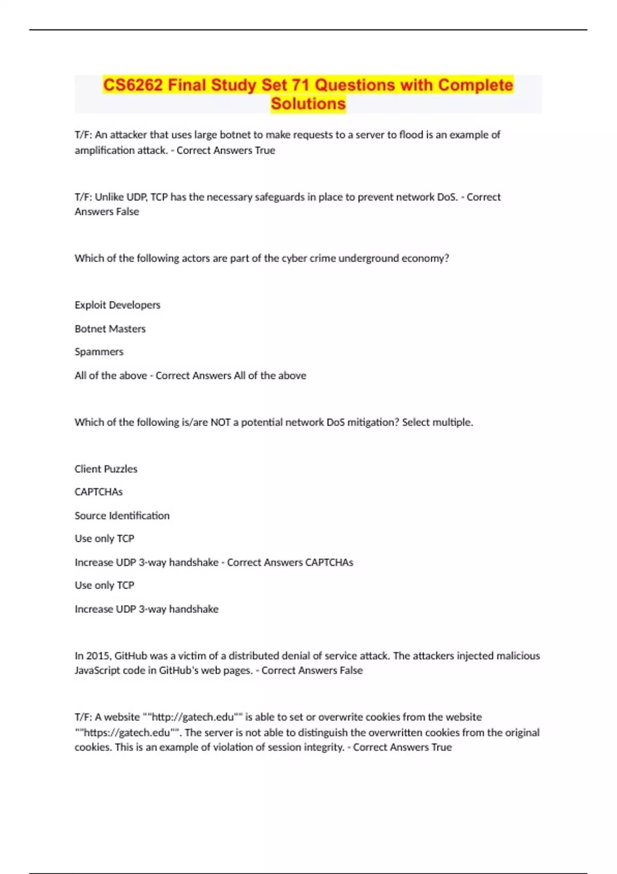 CS6262 Final Study Set 71 Questions with Complete Solutions - CS6262 - Stuvia US