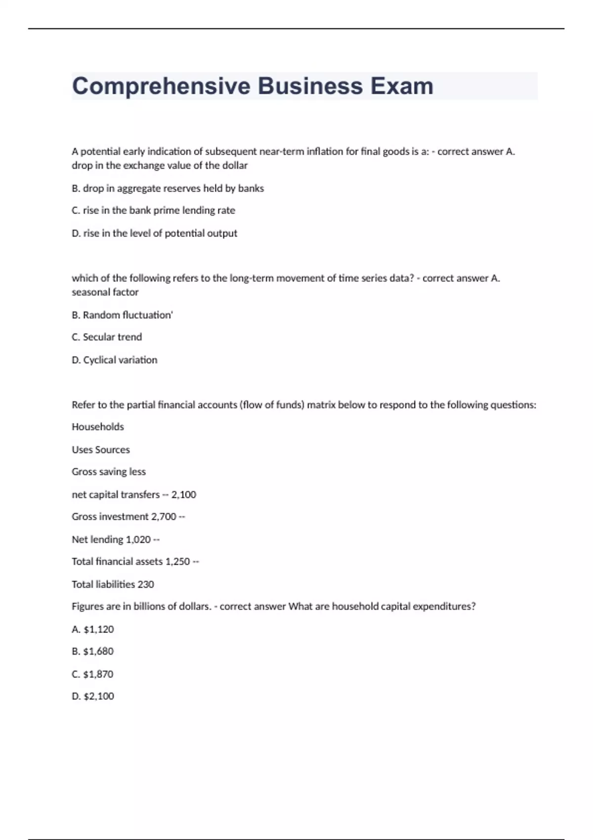 Comprehensive Business Exam questions and answers 2024 - CBE - Stuvia US