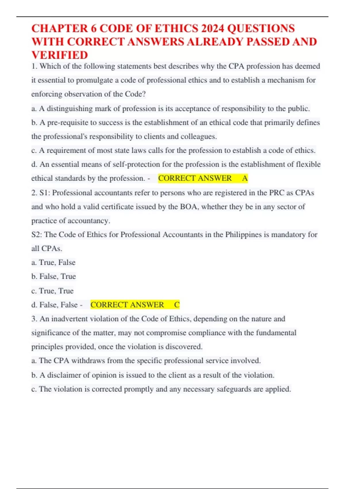 CHAPTER 6 CODE OF ETHICS 2024 QUESTIONS WITH CORRECT ANSWERS ALREADY PASSED AND VERIFIED ...