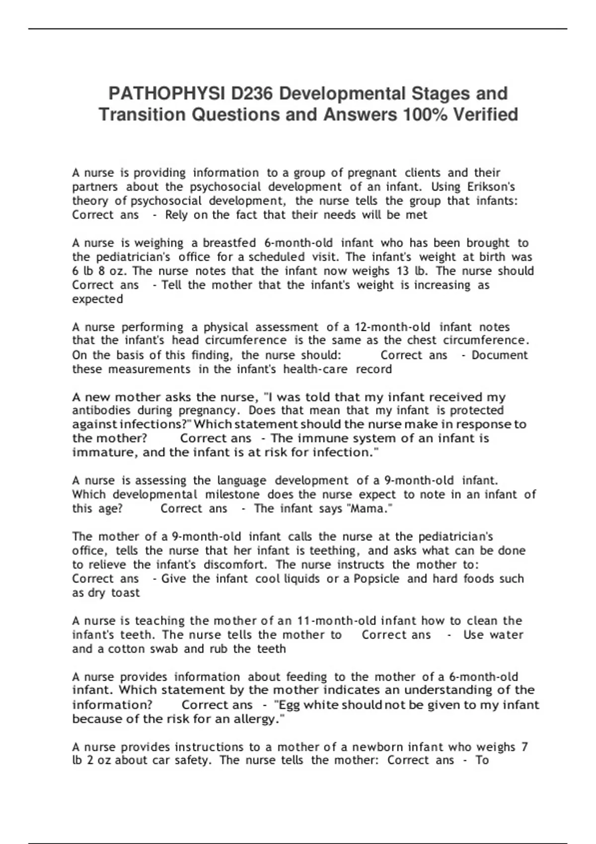 PATHOPHYSI D236 Developmental Stages and Transition Questions and ...