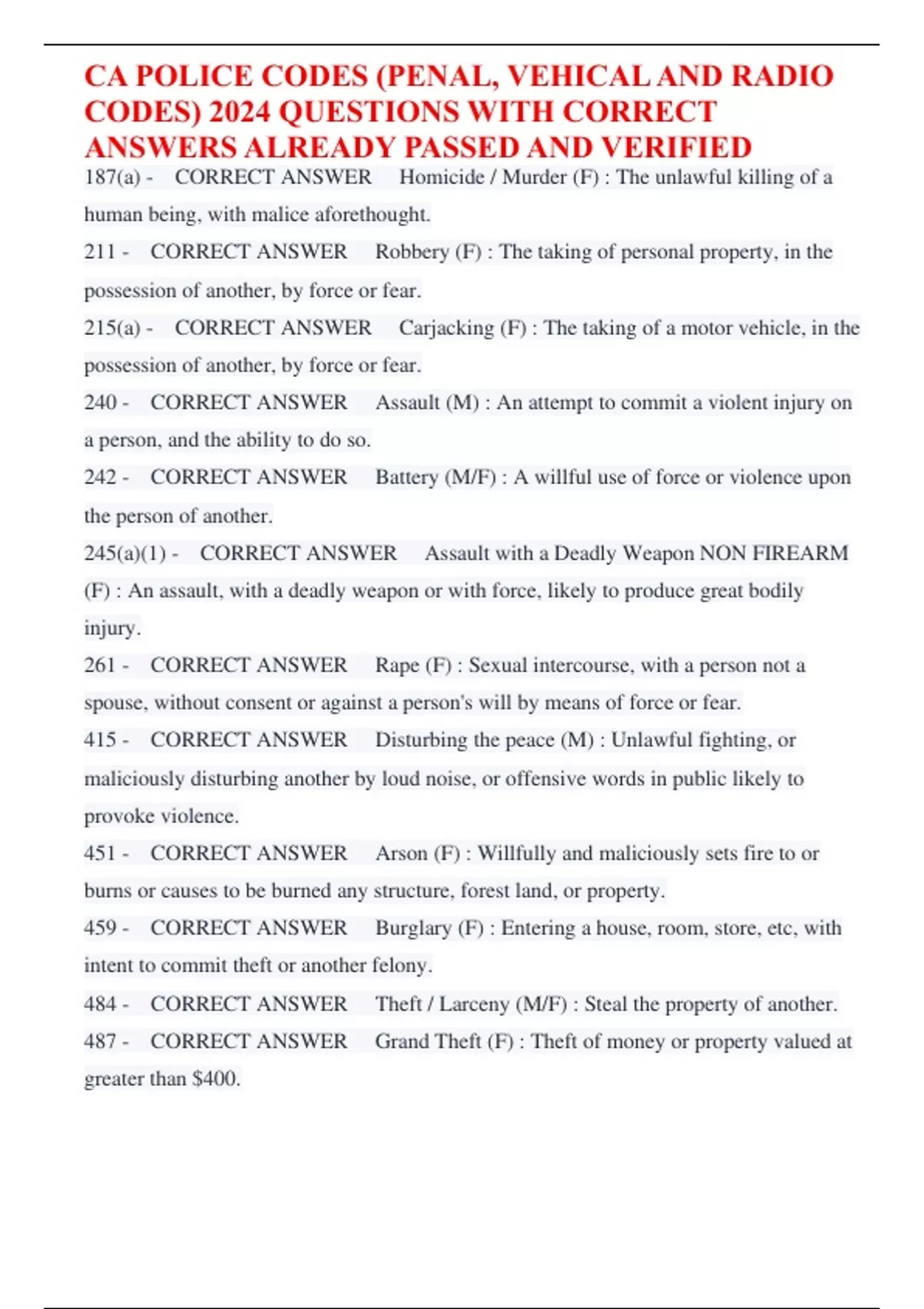 CA POLICE CODES (PENAL, VEHICAL AND RADIO CODES) 2024 QUESTIONS WITH CORRECT ANSWERS ALREADY ...