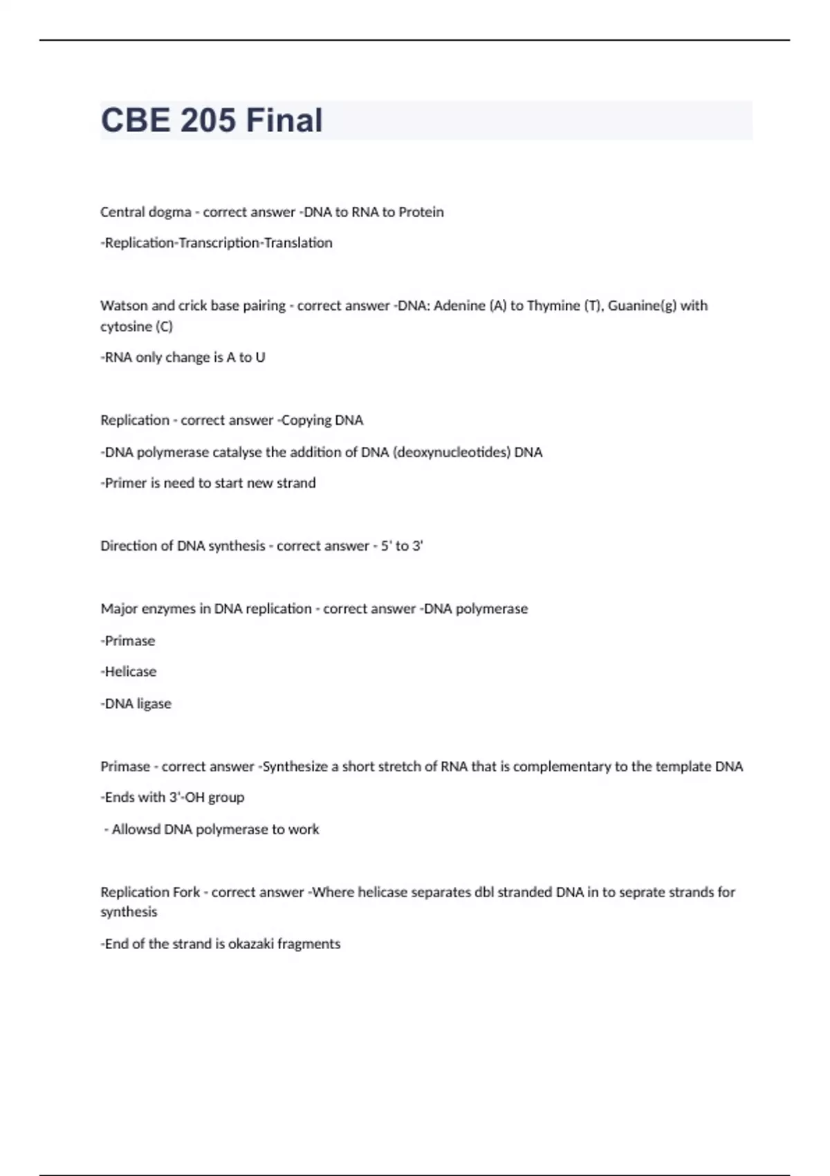 CBE 205 Final questions with answers 2024 - CBE - Stuvia US