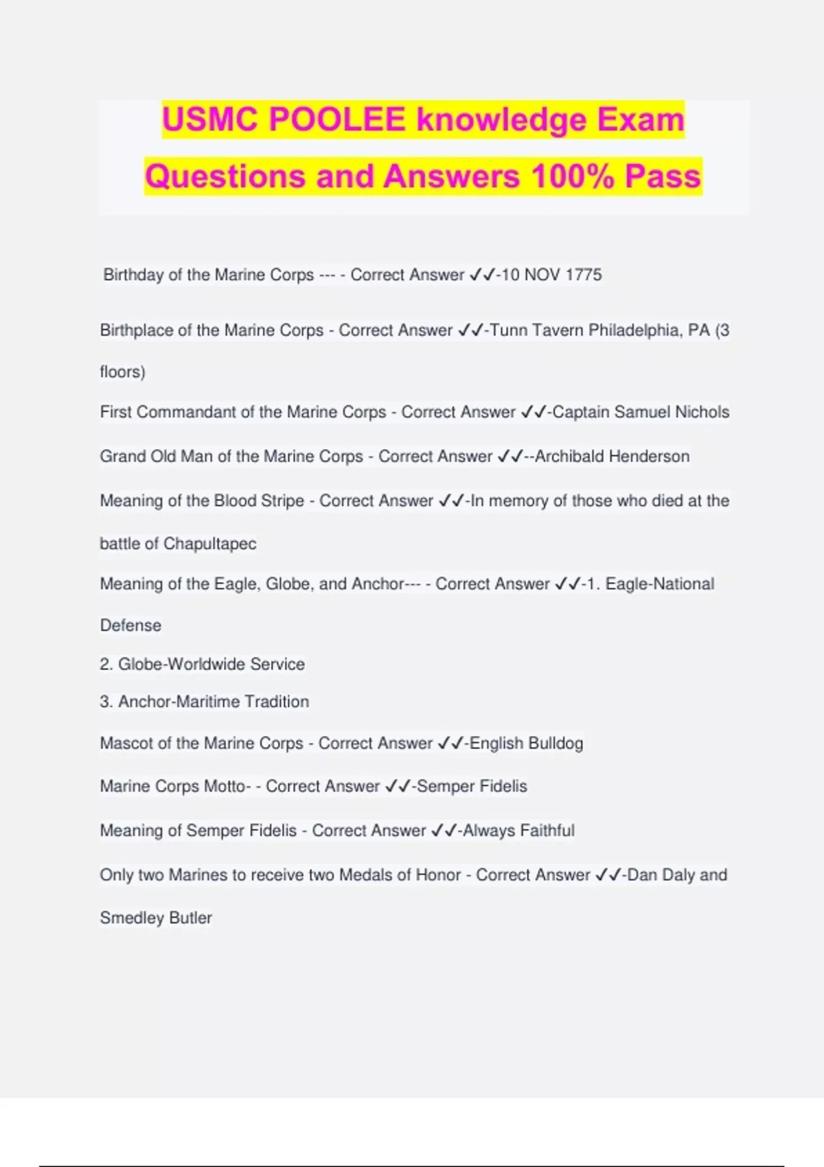 USMC POOLEE knowledge Exam Questions and Answers 100% Pass - Usmc - Stuvia US