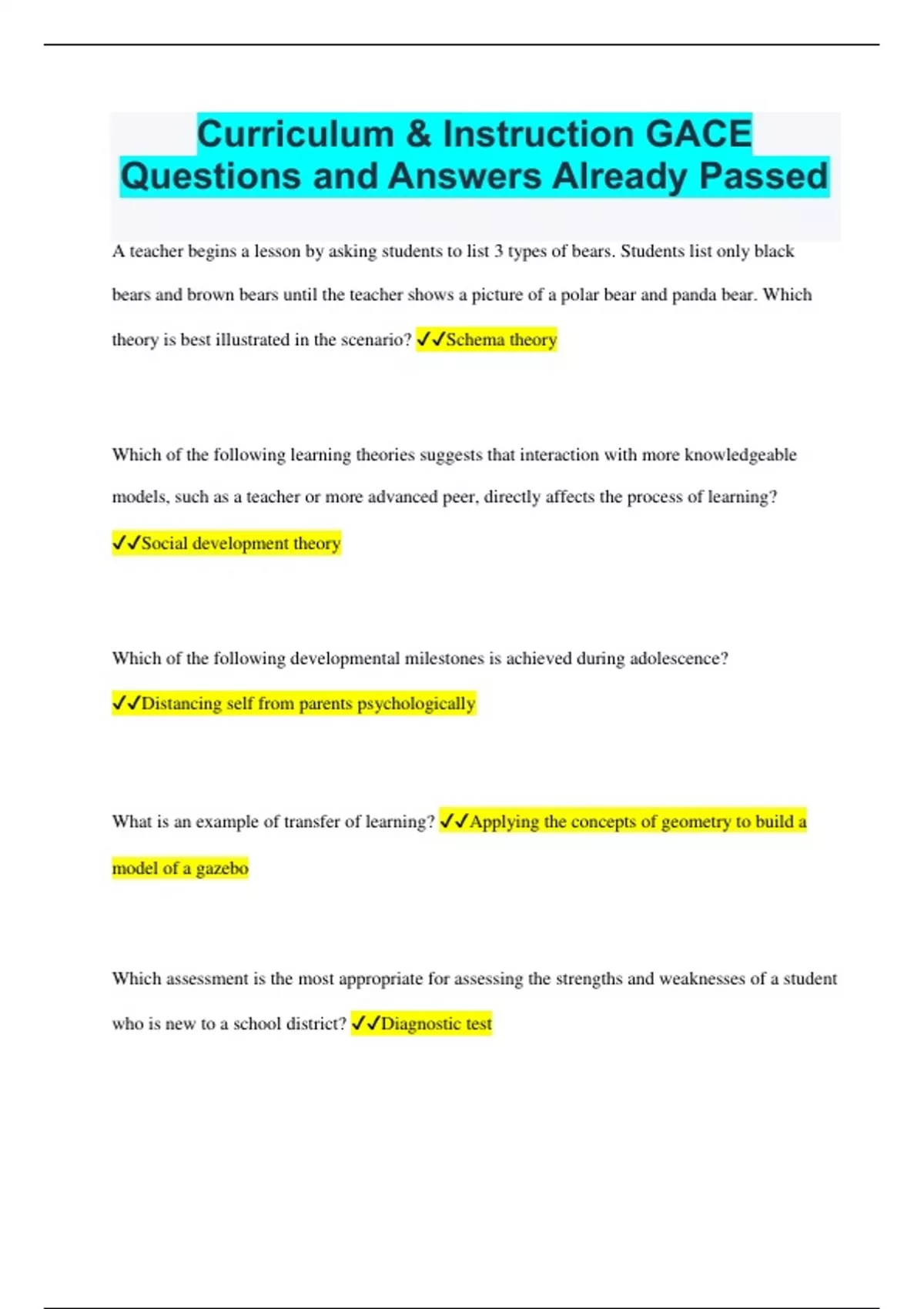 Curriculum & Instruction GACE Questions and Answers Already Passed ...