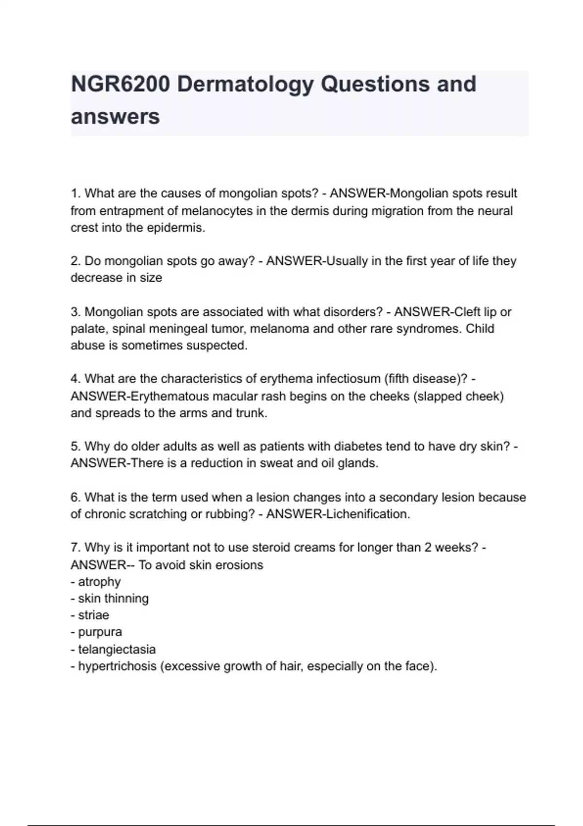 NGR6200 Dermatology Questions and answers - NGR 6200 - Stuvia US