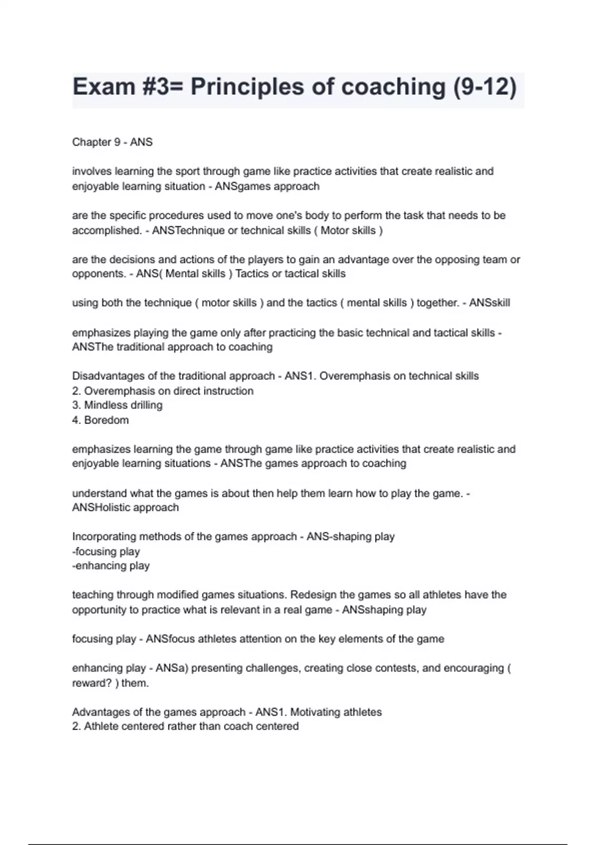 Exam #3 Principles of coaching (9-12) A+ score assured 2024/2025 ...