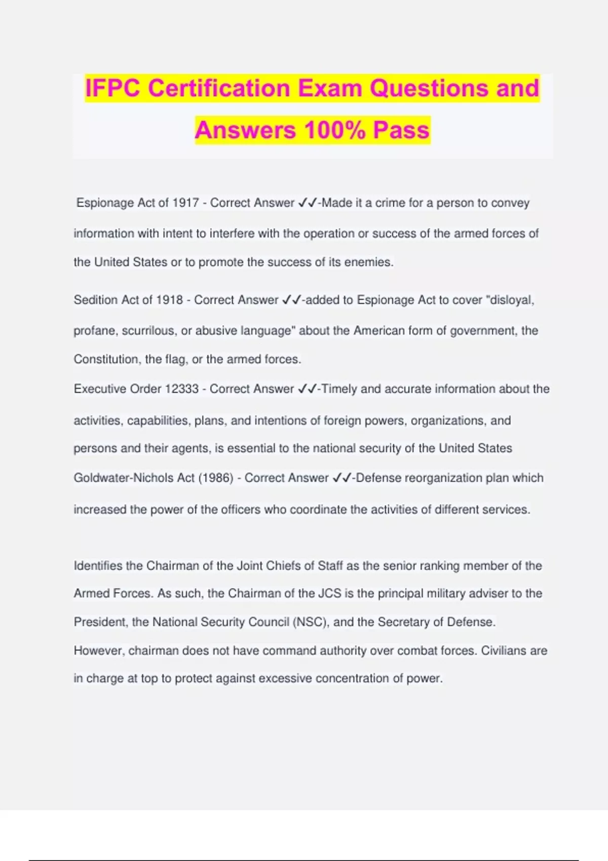 IFPC Certification Exam Questions and Answers 100% Pass - IFPC - Stuvia US