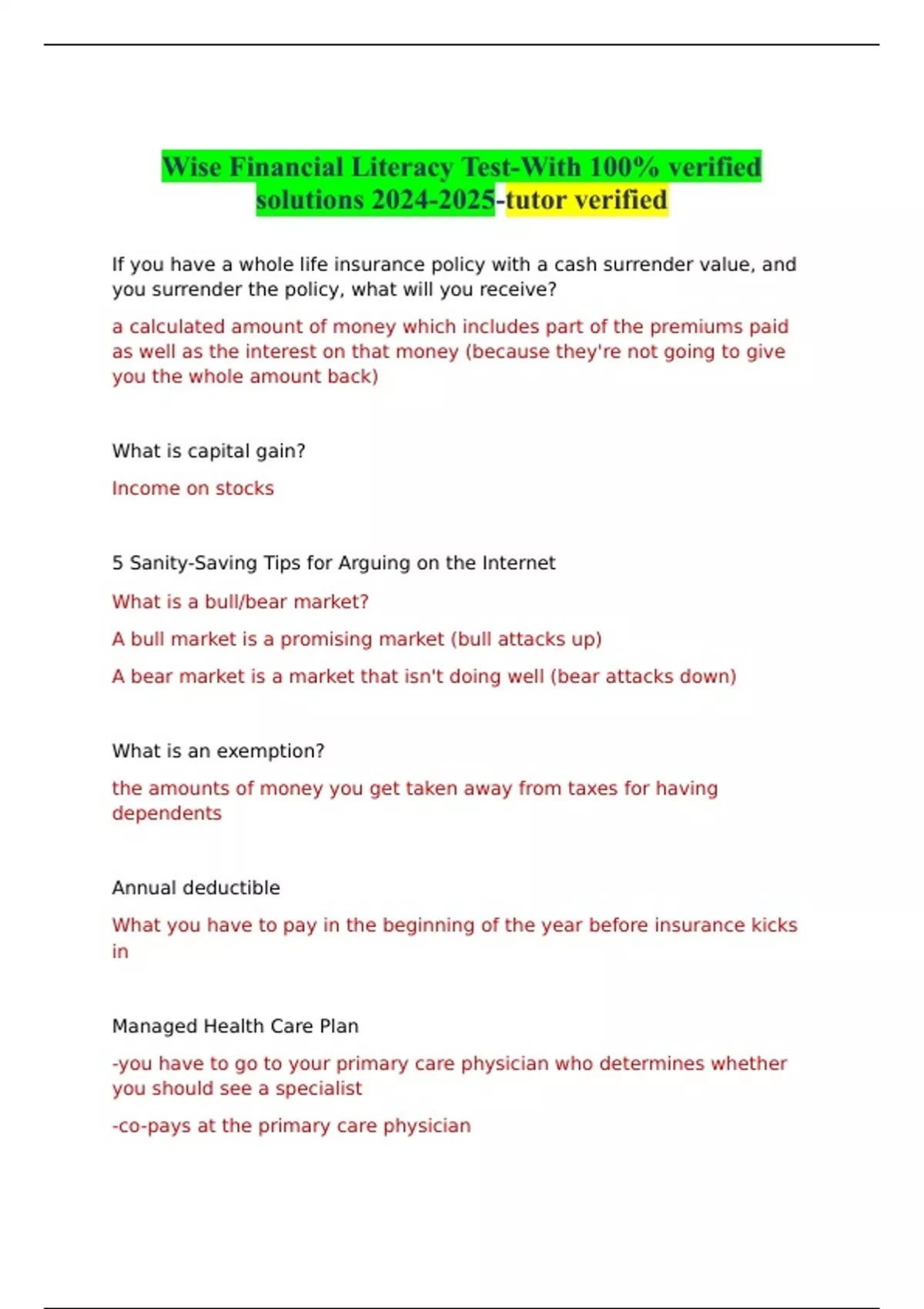 Wise Financial Literacy Test-With 100% verified solutions -tutor ...