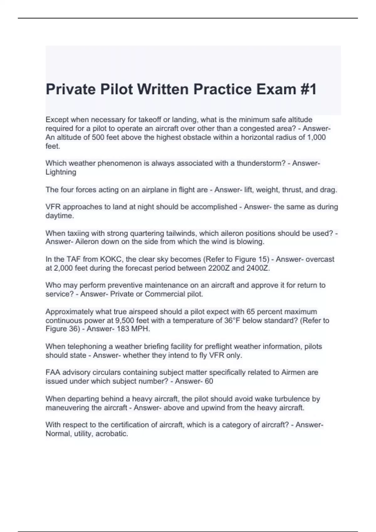 Private Pilot Written Practice Exam 1 With Correct Answers 2024