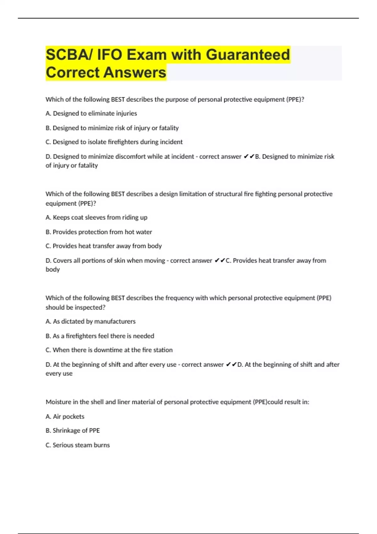 SCBA/ IFO Exam with Guaranteed Correct Answers - SCBA/ IFO - Stuvia US